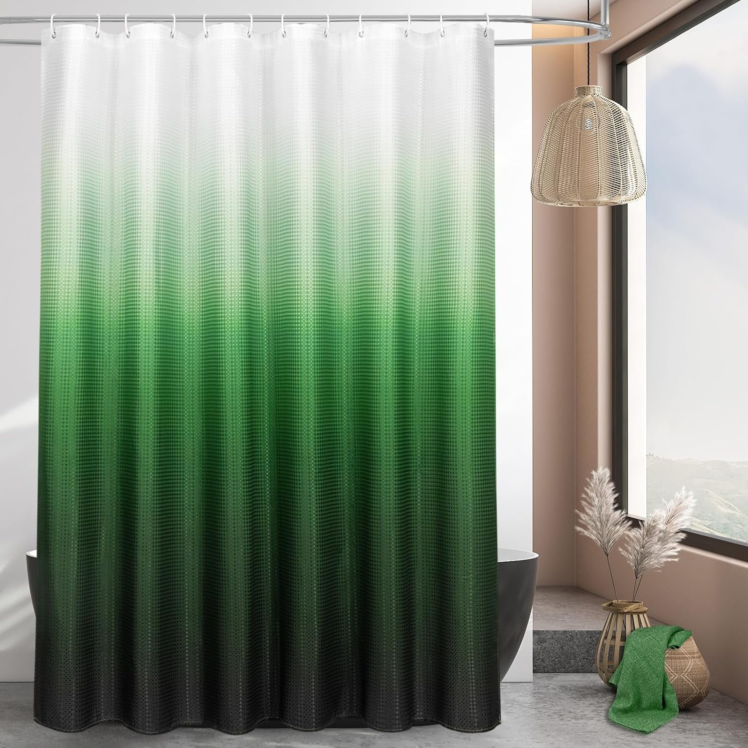 Emerald Green Waffle Fabric Shower Curtain, Dark Green Waffle Weave ...