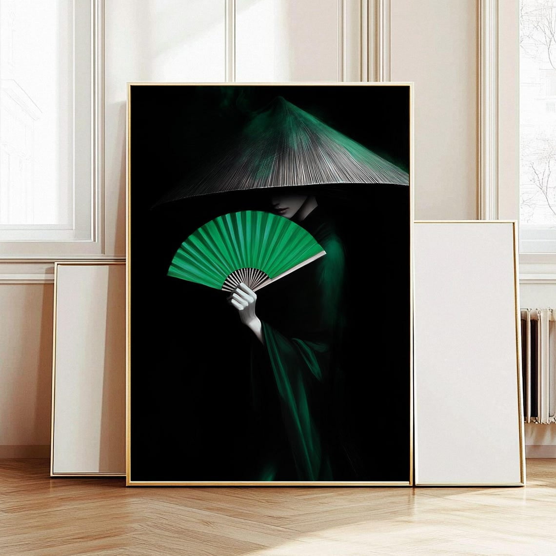 Emerald Green Wall Art, Conical Hat Japanese Fan Image, Dark Moody ...