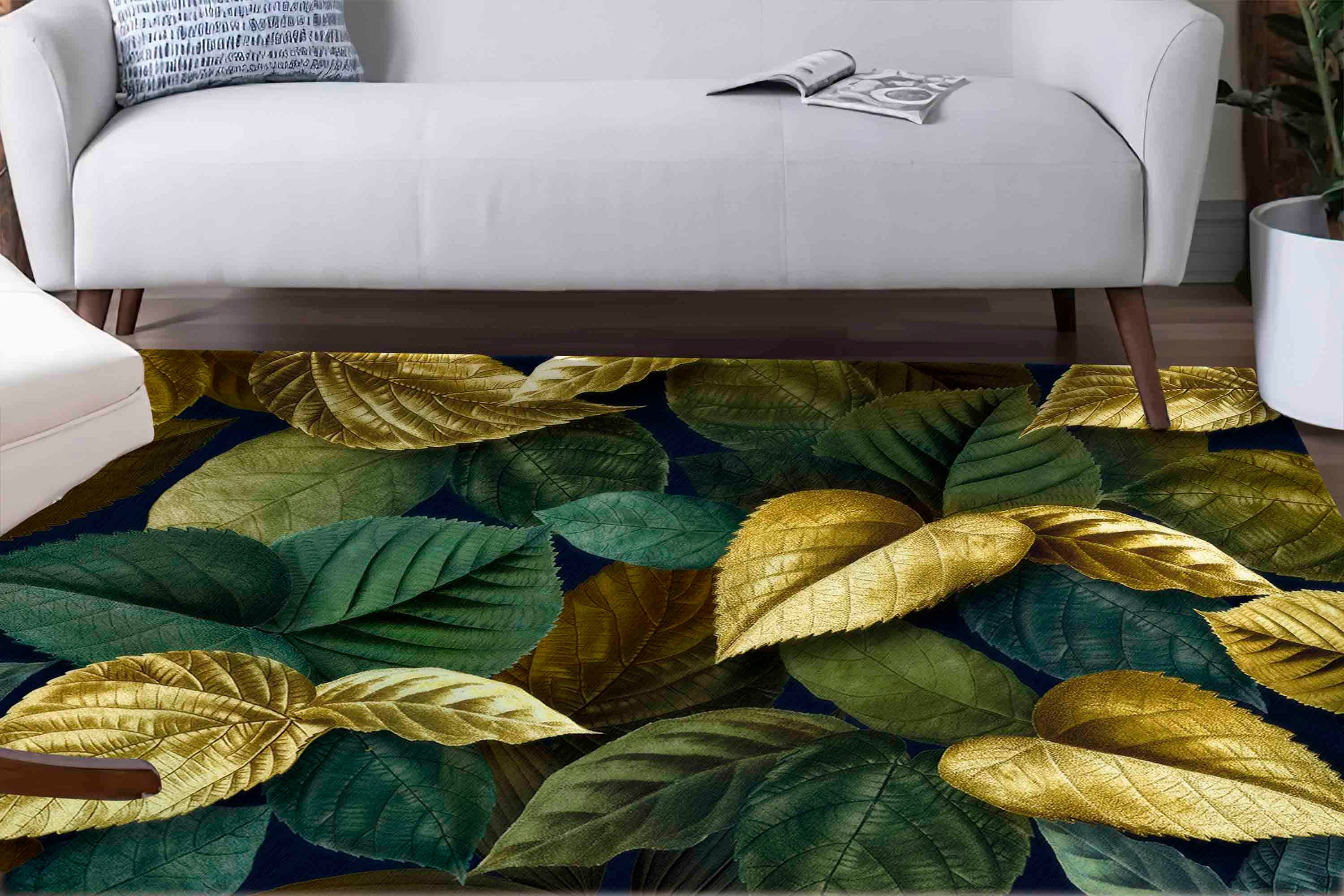 Emerald Green With Golden Leaf Rugs, Trendy Rug, Floral Rug, Salon ...