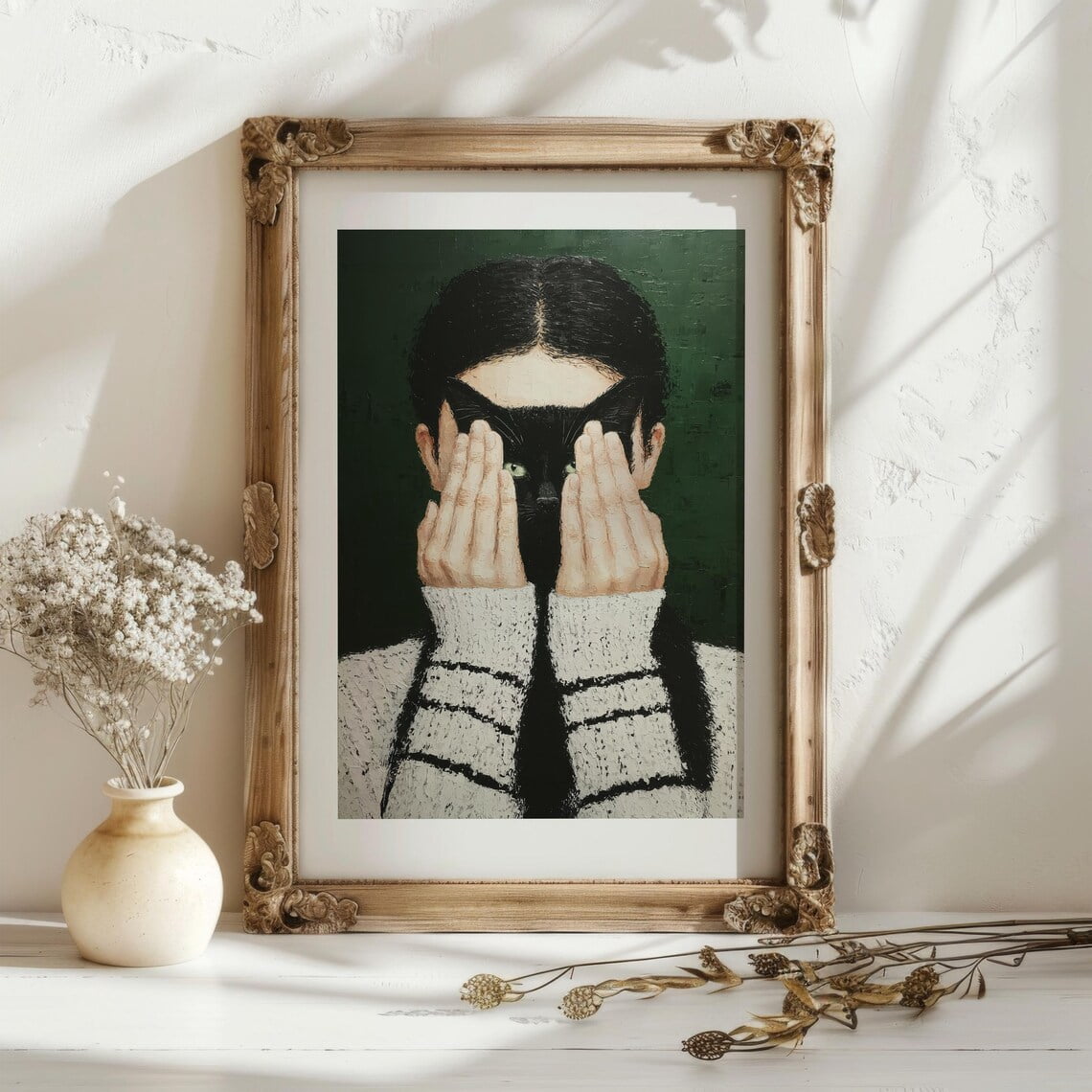 Emerald Green Woman Black Cat Modern Home Wall Art, Unframed Canvas ...