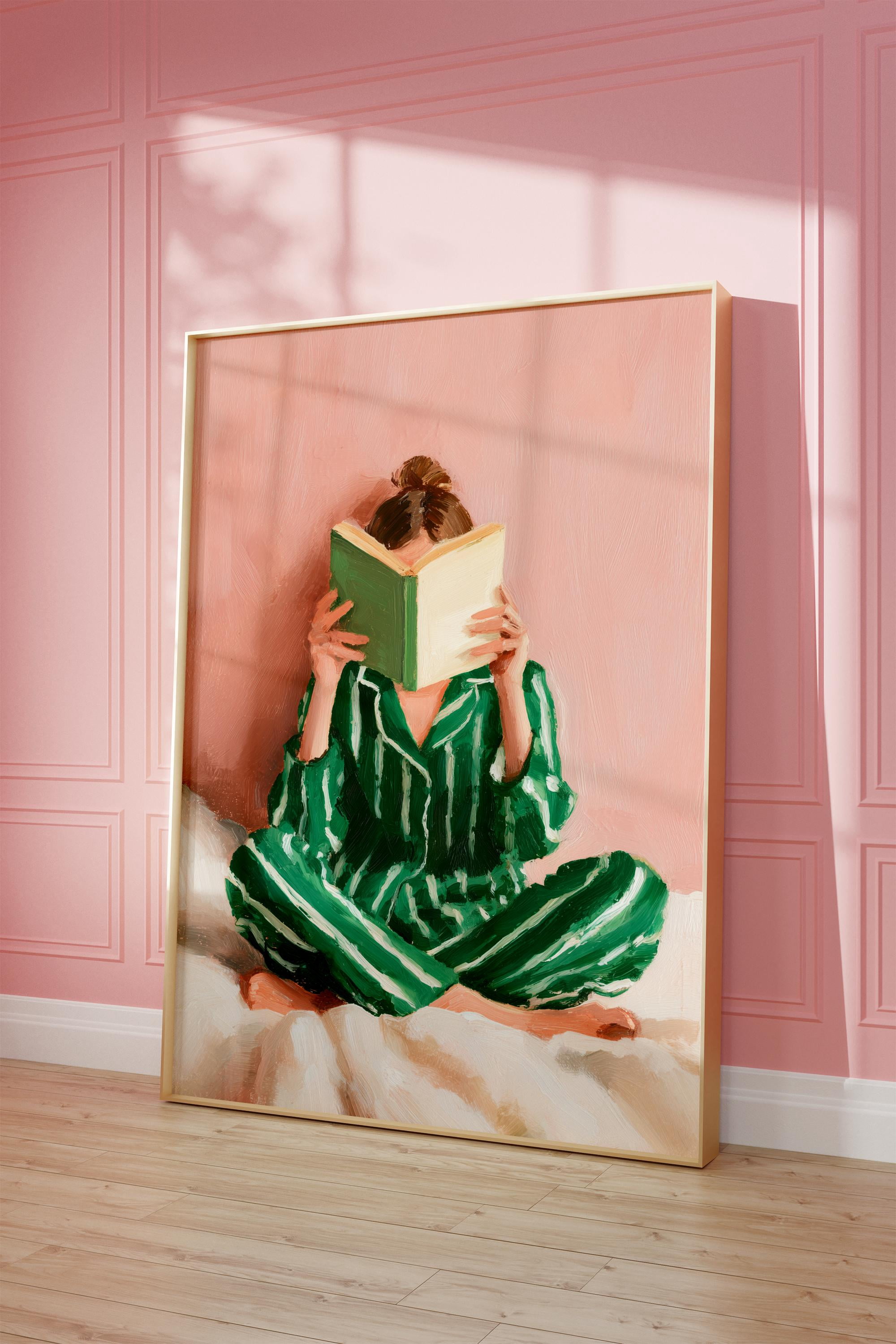 Emerald Green Woman Reading Wall Art Female Abstract Print Book Lover ...