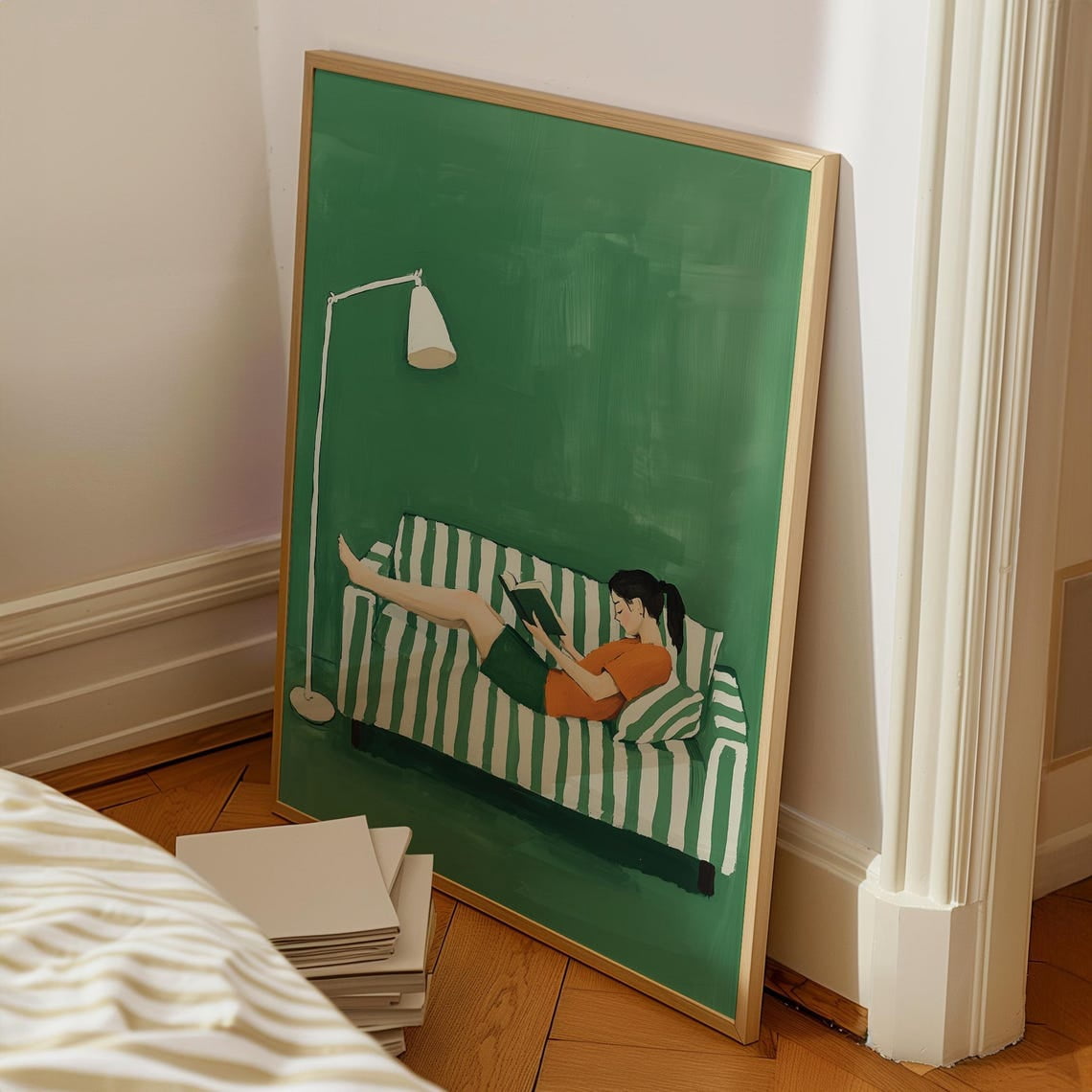 Emerald Green Woman Reading Wall Art Female Abstract Print Book Lover ...