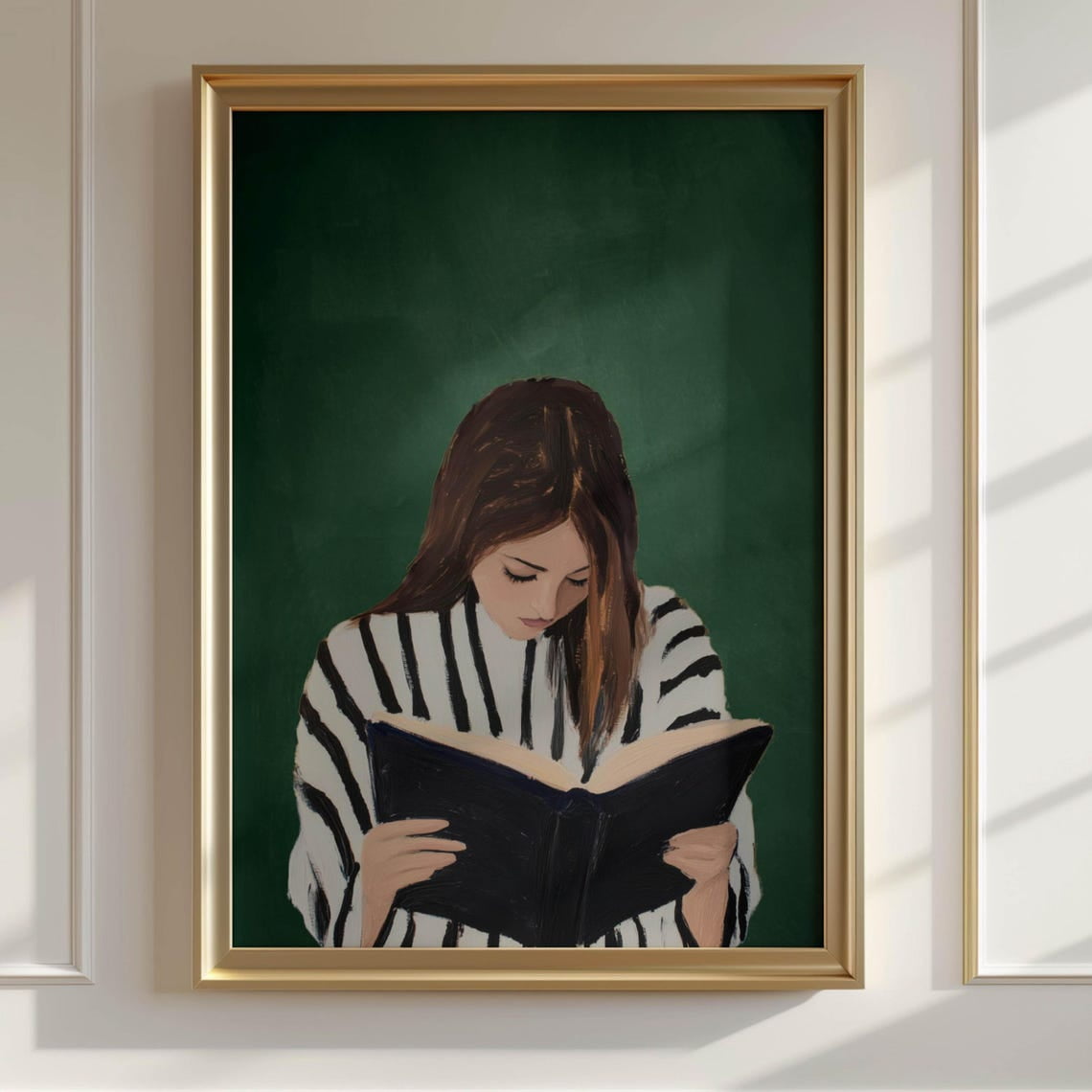 Emerald Green Woman Reading Wall Art, Reading Nook Decor, Stripe Female ...