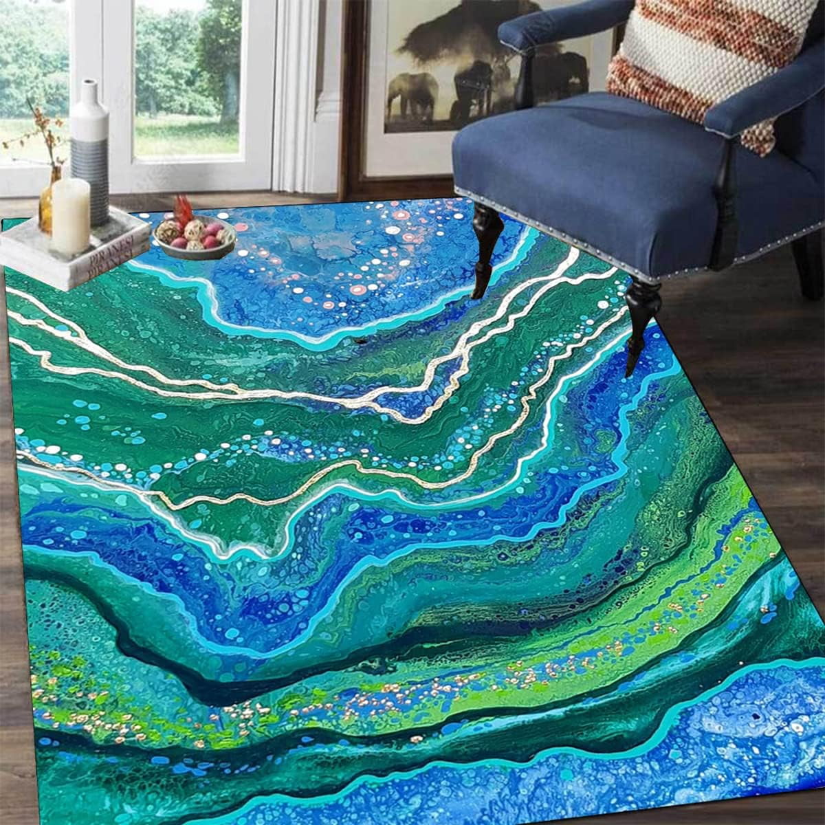 Emerald Gren Blue Marble Swirl With Stripes Area Rug For Living Room ...