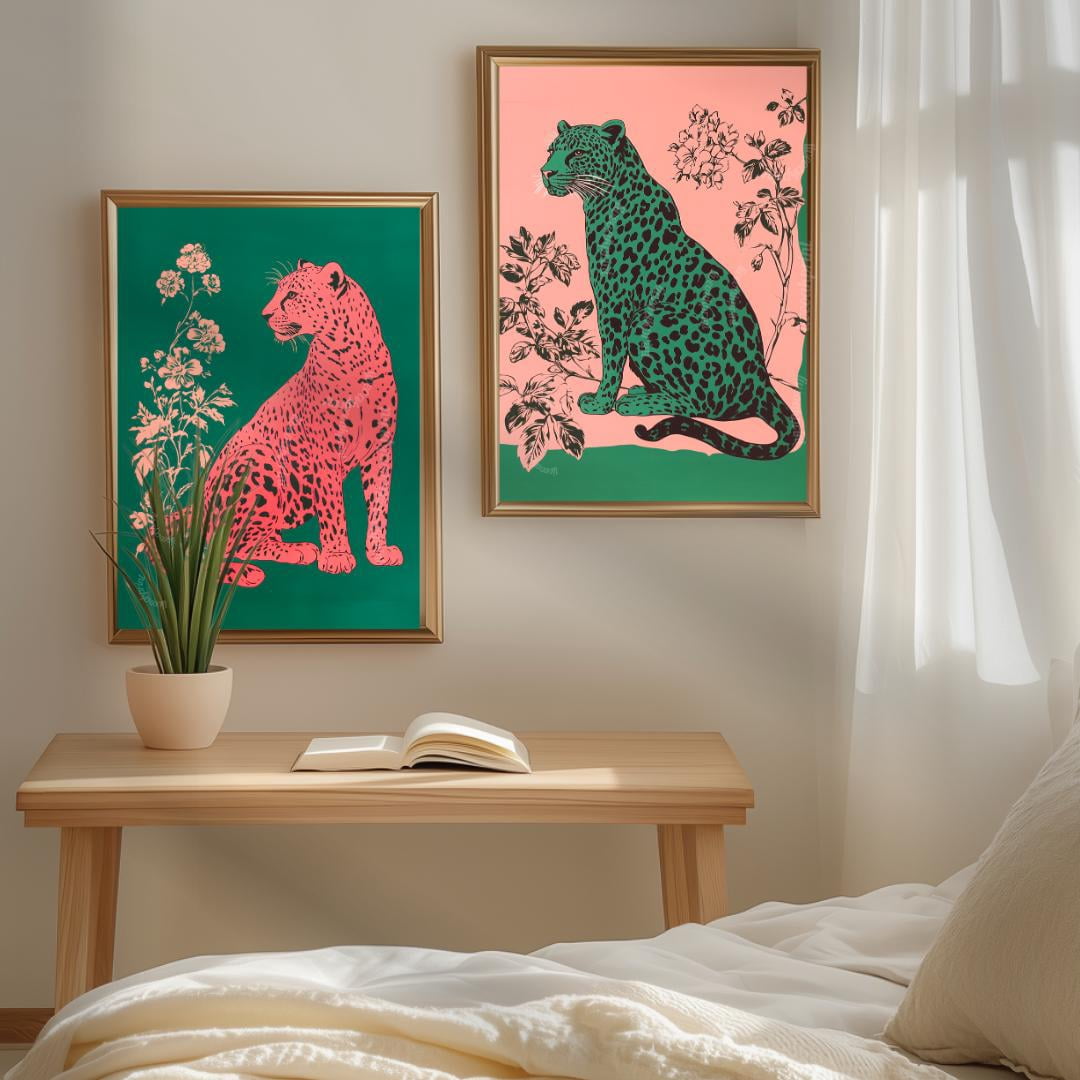 Emerald Leo.Pard And Pink Leo.Pard Art Prints Bold Maximalist Animal ...