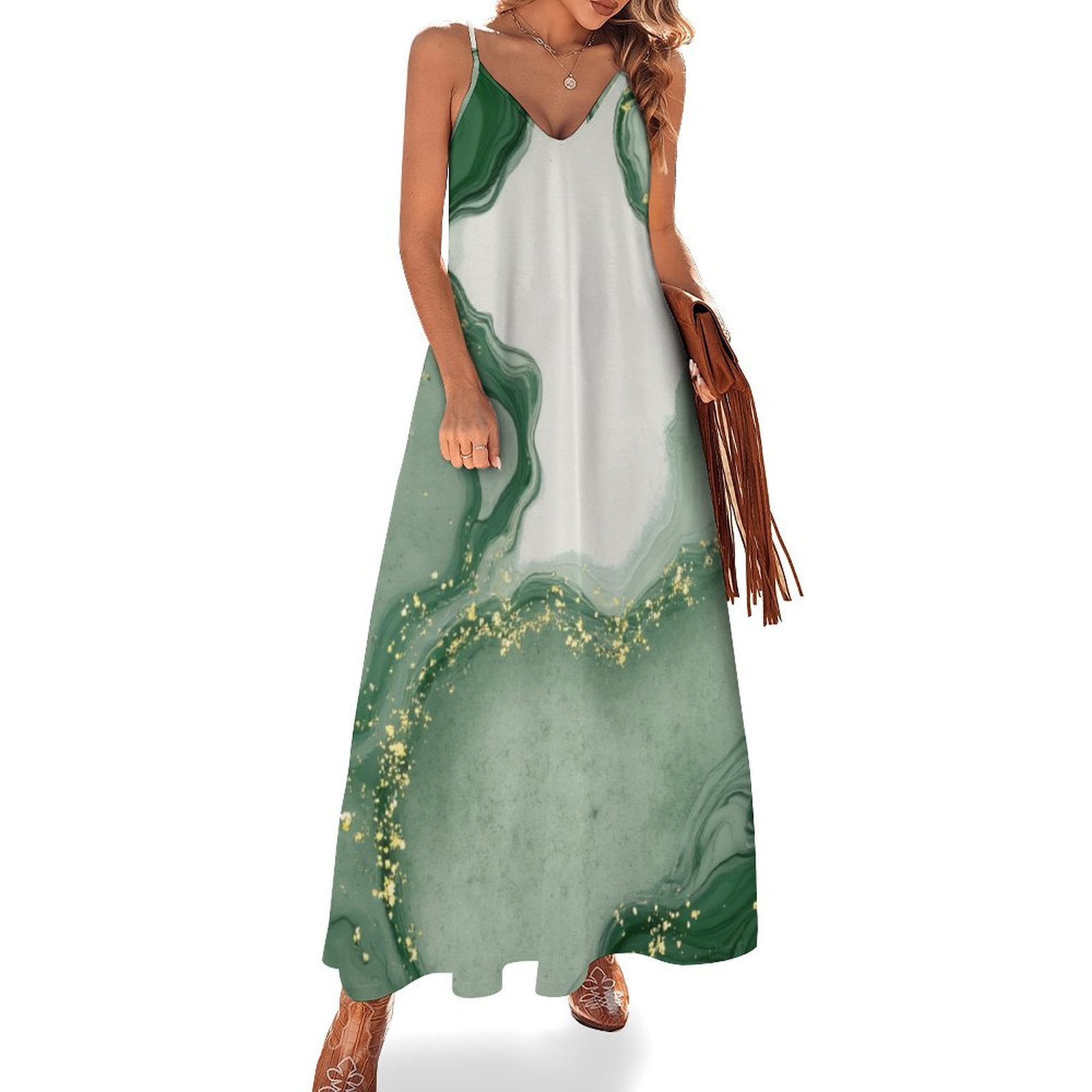 Emerald Marble Glitter Art Sleeveless Dress Woman Fashion Long Dresses ...