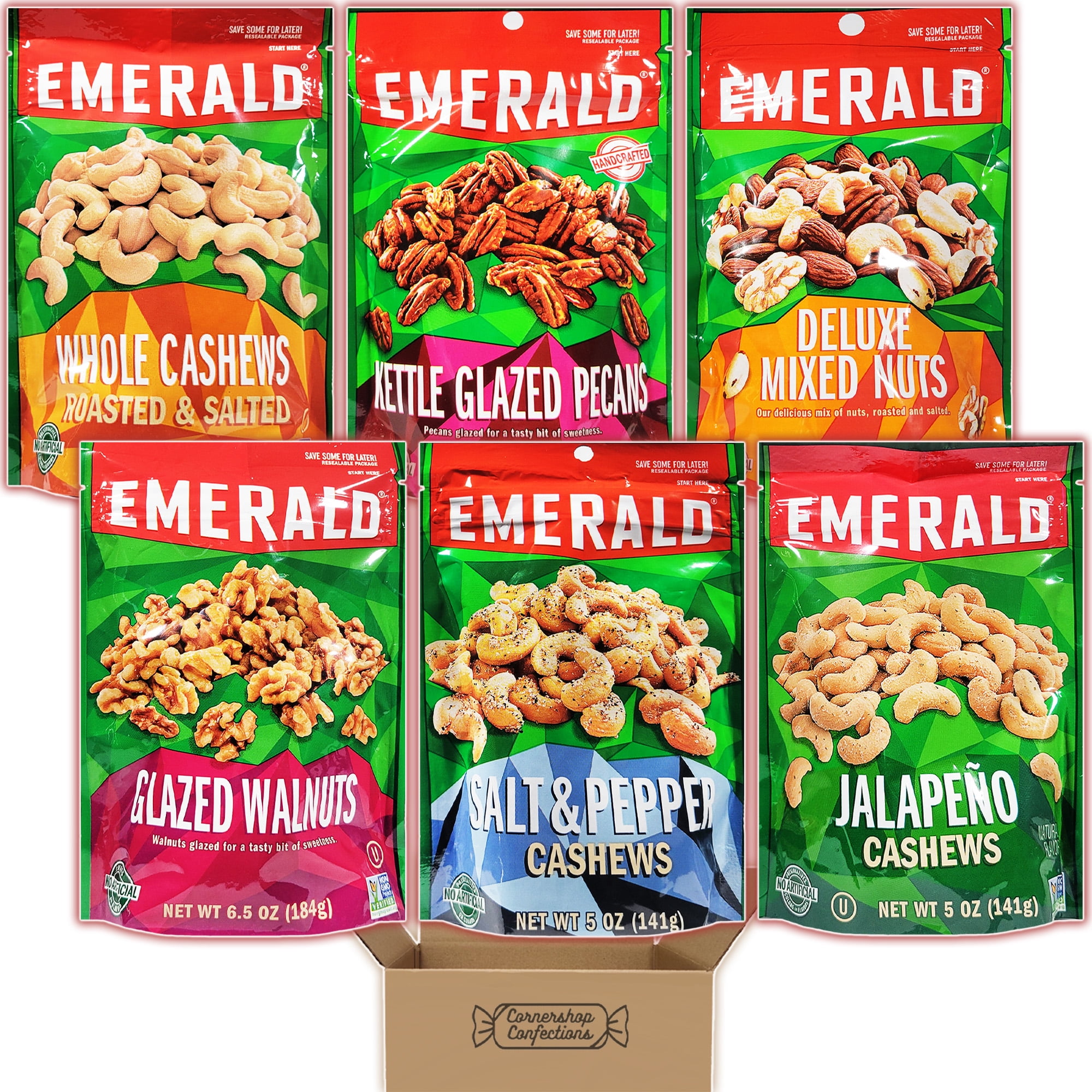 Emerald Nuts Variety Pack - 6 Flavors, 1 of Each - Jalapeno Cashews, Glazed Walnuts, Deluxe ...