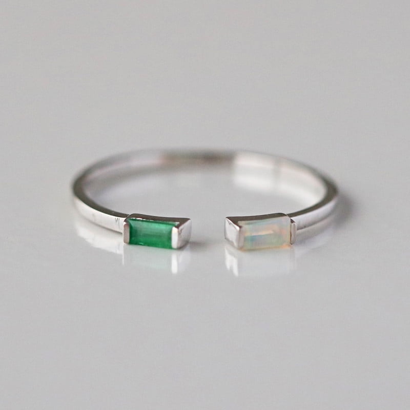 Emerald & Opal Cuff Ring, Baguette Gemstone Open Band Ring, Stackable ...