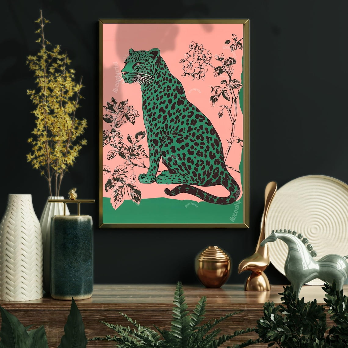 Emerald Panther On Pink Wall Art - Botanical Bold Maximalist Animal ...