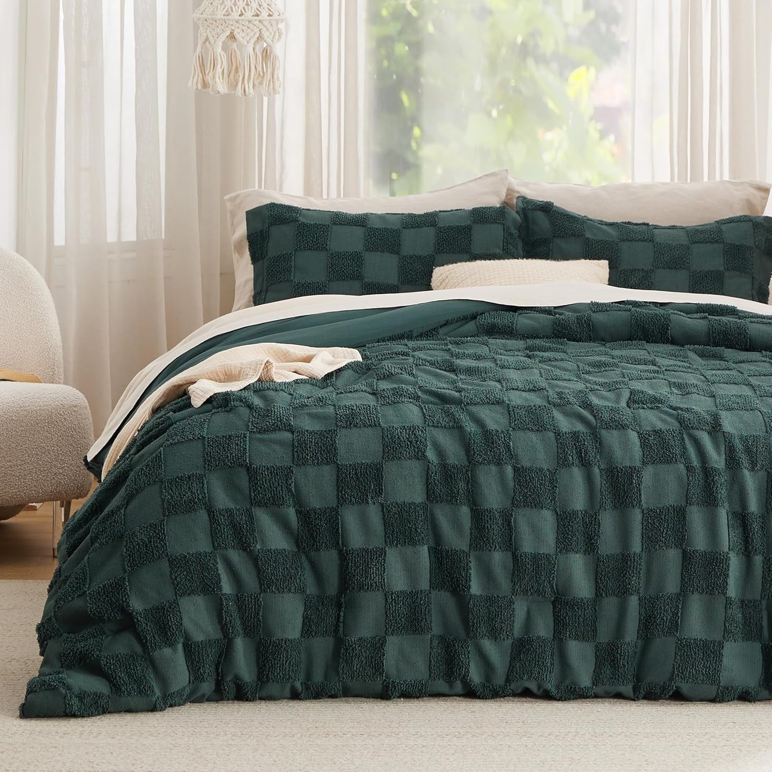 Emerald Queen Size Comforter Set, Boho Tufted Bed Set, Checkered ...