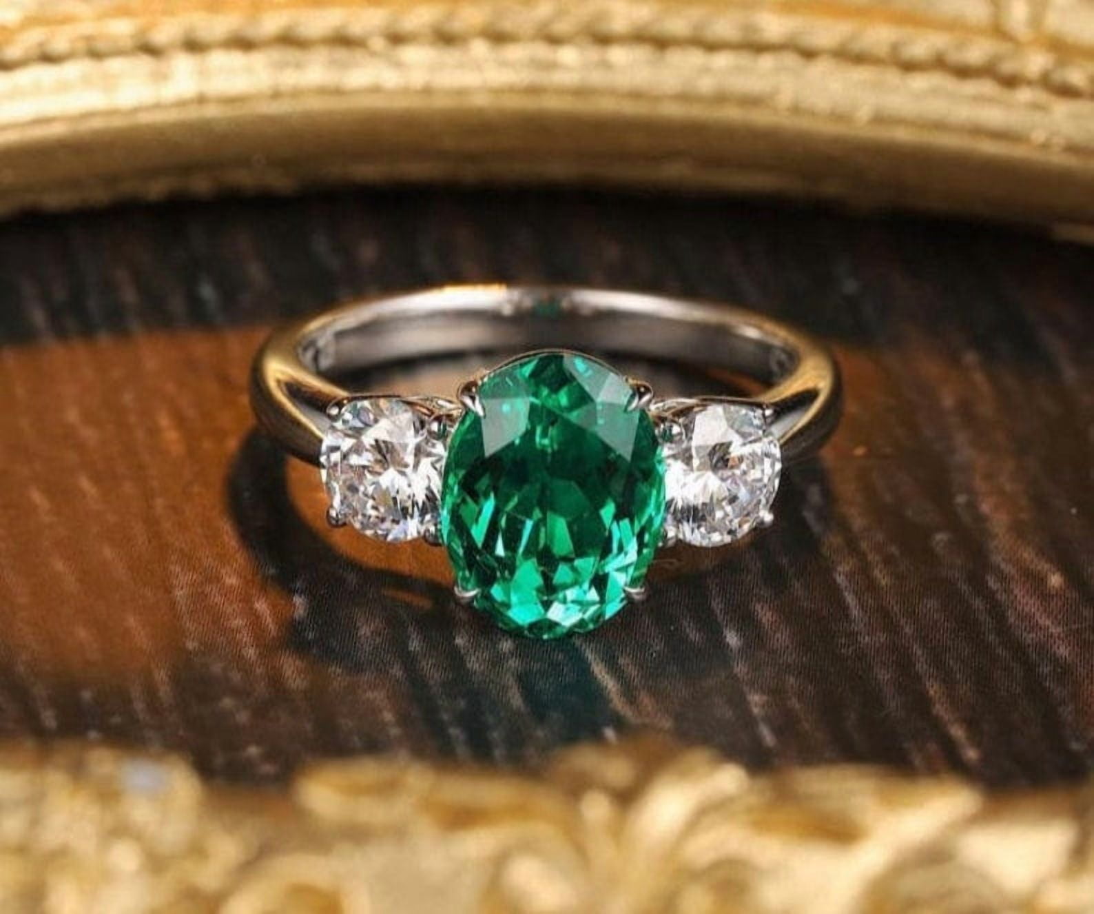 Emerald Ring Emerald Engagement Ring Sterling Silver Oval Cut 3 Stone ...