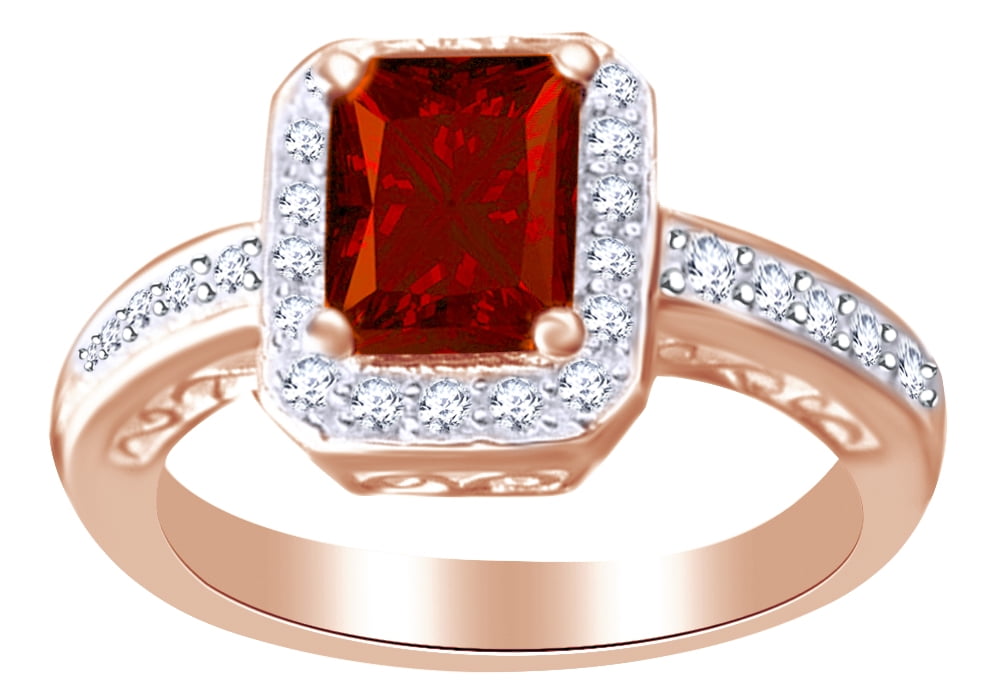AFFY Emerald Shape Red Simulated Garnet & Round White Cubic Zirconia Engagement Ring in 14k Rose ...