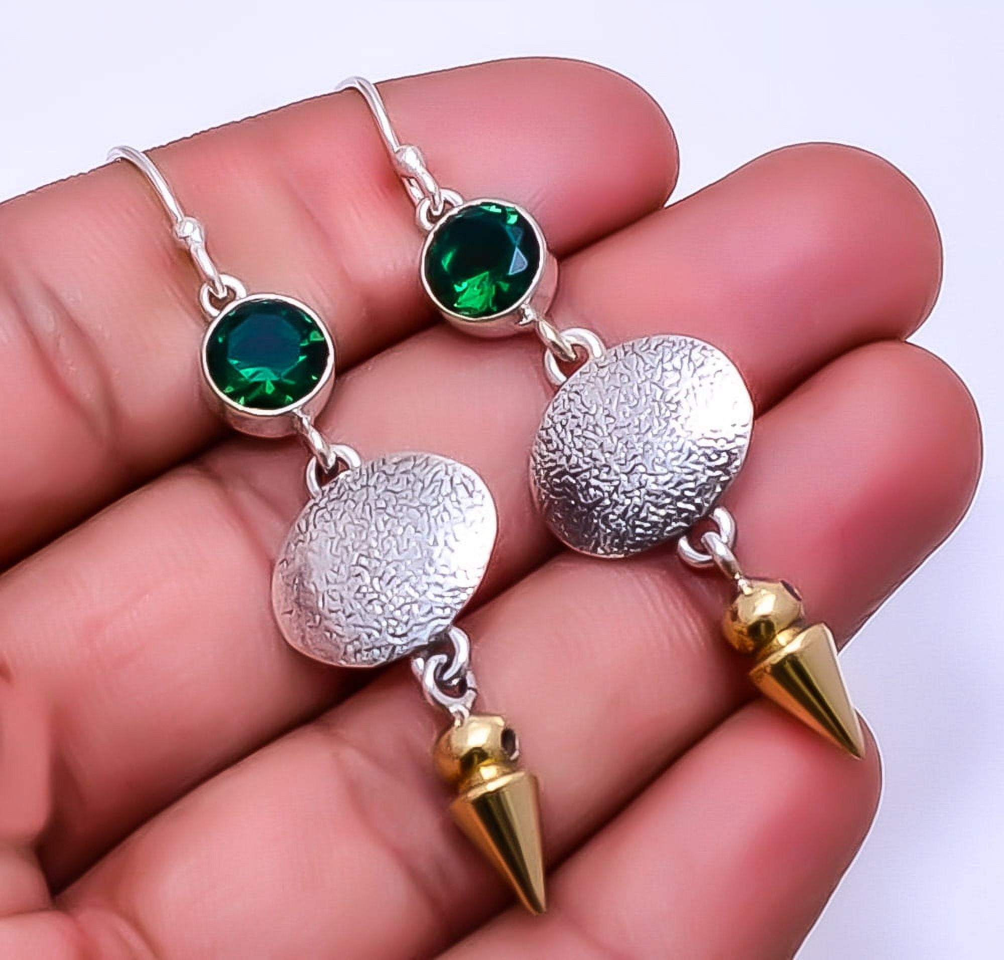 Emerald (Simulated) 925 Sterling Silver Two Tone Arrow Head Earring 2. ...