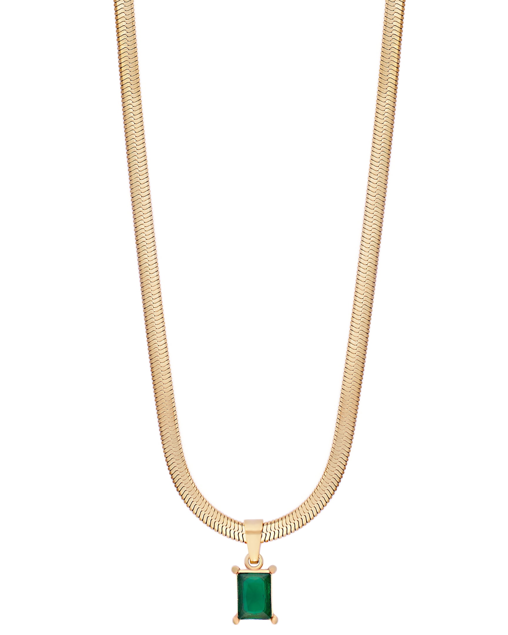 Emerald Stone Herringbone Chain Necklace In 18K Gold Plated Stainless ...