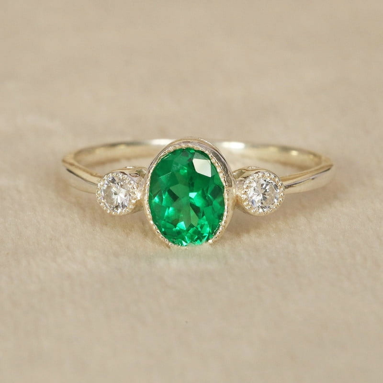 Emerald Three Stone Ring, Oval Emerald Ring, Past Present Future Ring ...