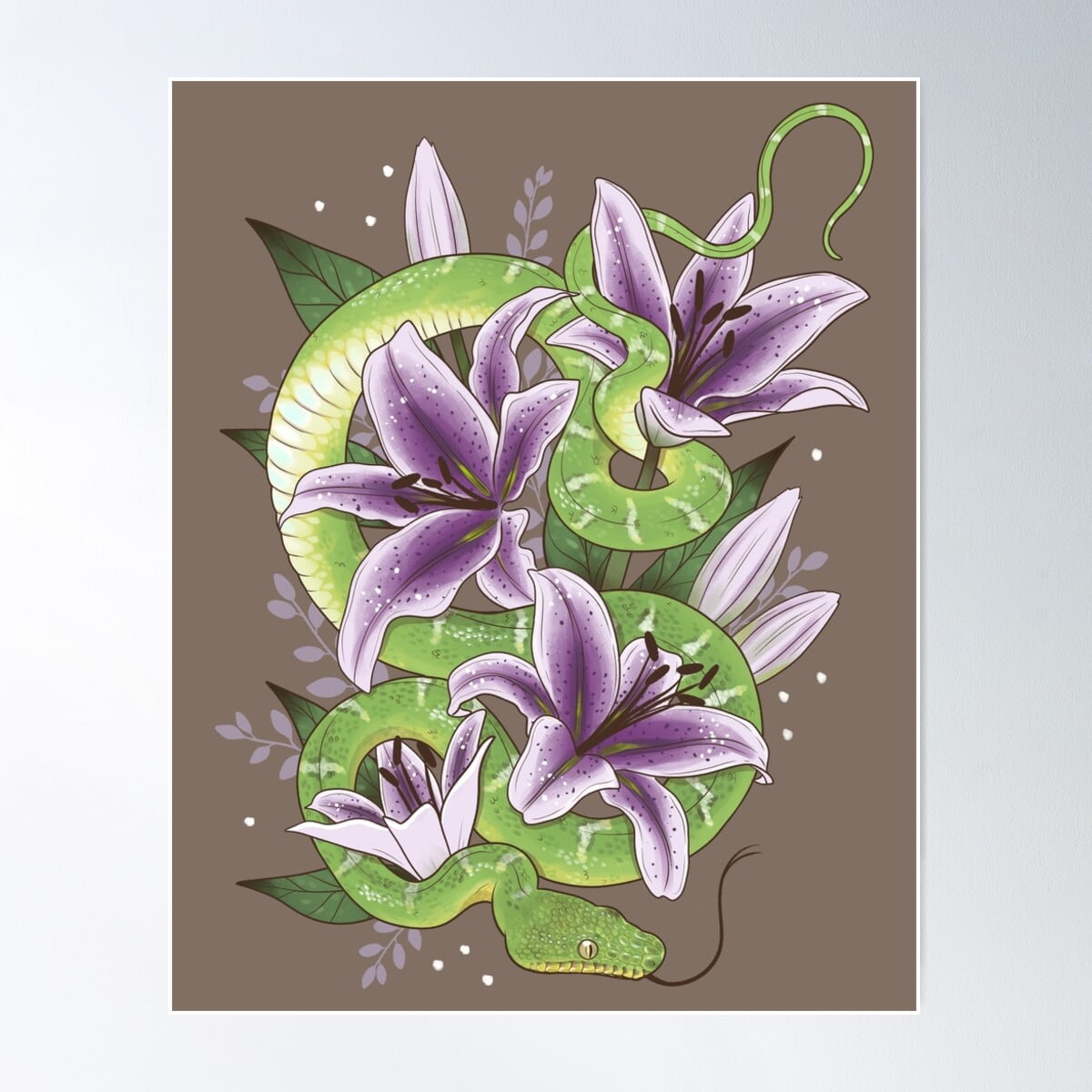 Emerald Tree Boa With Purple Stargazer Lilies Poster Wall Art, Modern ...