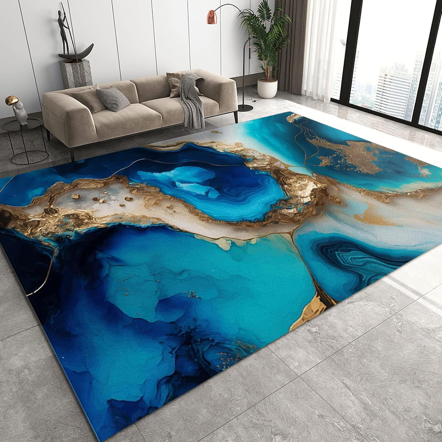 Emerald Turquoise Marble Area Rugs, Gold-Plated Embossed European Style ...