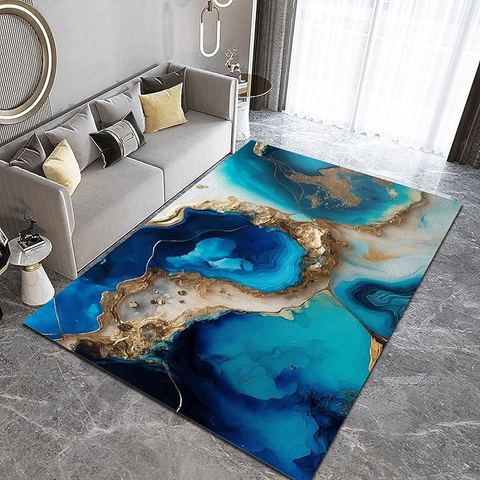 Emerald Turquoise Marble Area Rugs, Gold-Plated Embossed European Style ...
