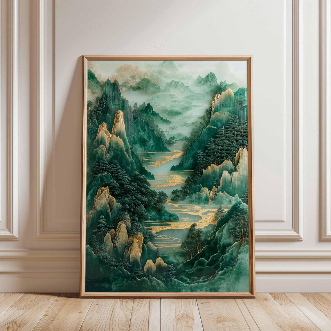 Emerald Valley Oriental Mountain Landscape Green Gold Nature Art ...