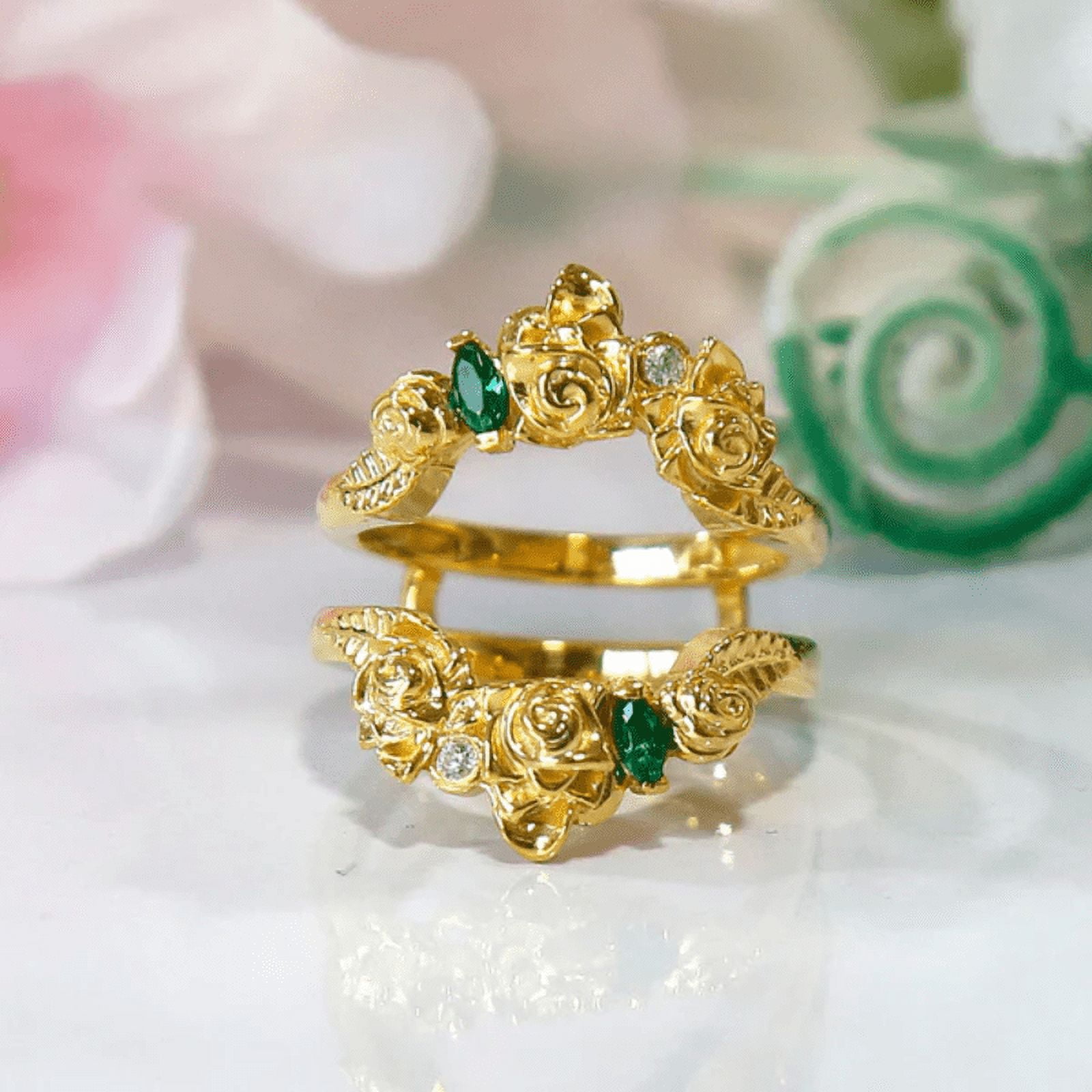 Emerald and White Diamond Flower and Leaf Wedding Ring Guard in 14K ...
