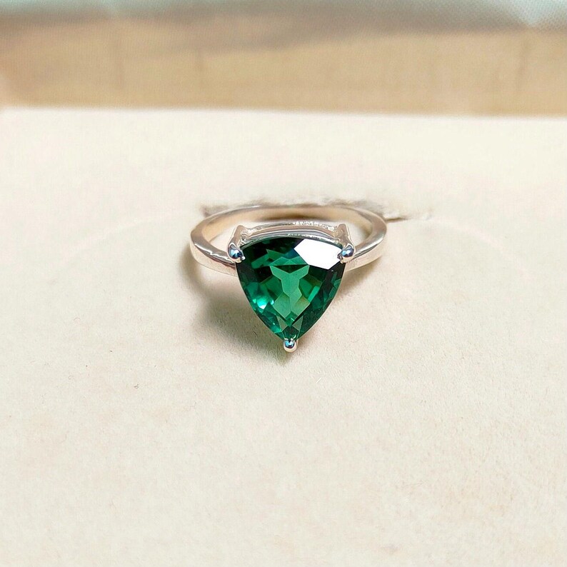 Emerald ring, 925 sterling silver ring, trilliant cut emerald ring ...