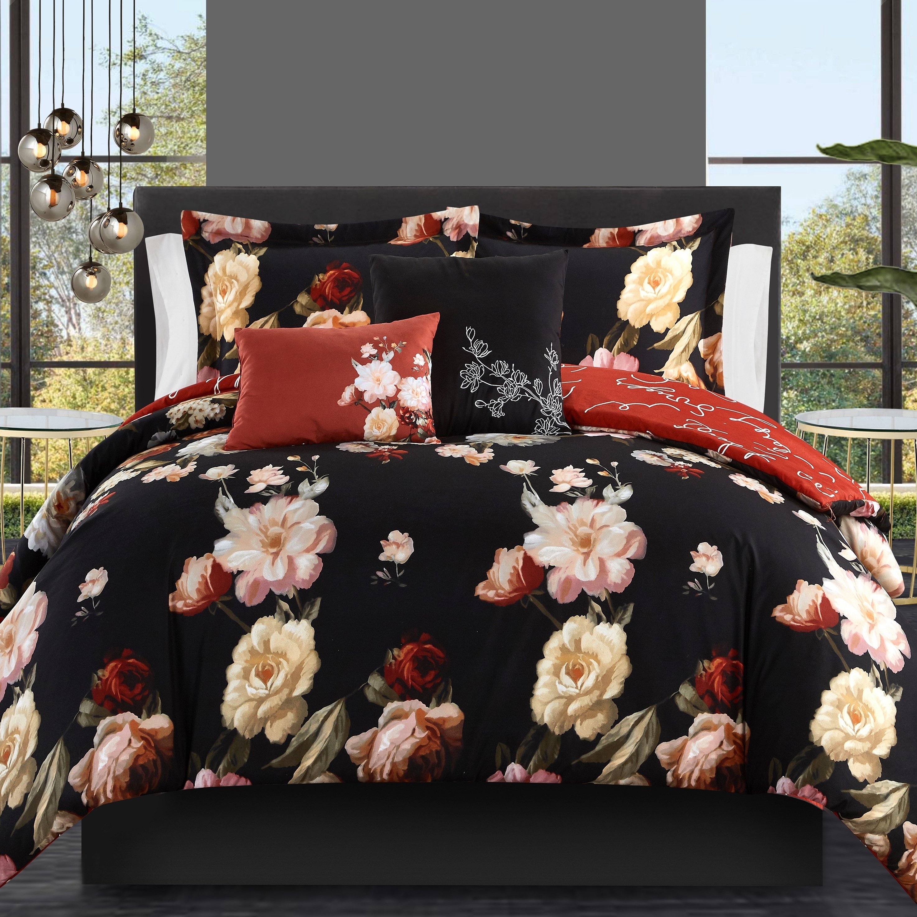 Emeraude 3 Piece Reversible Quilt Set Floral Print Cursive Script ...