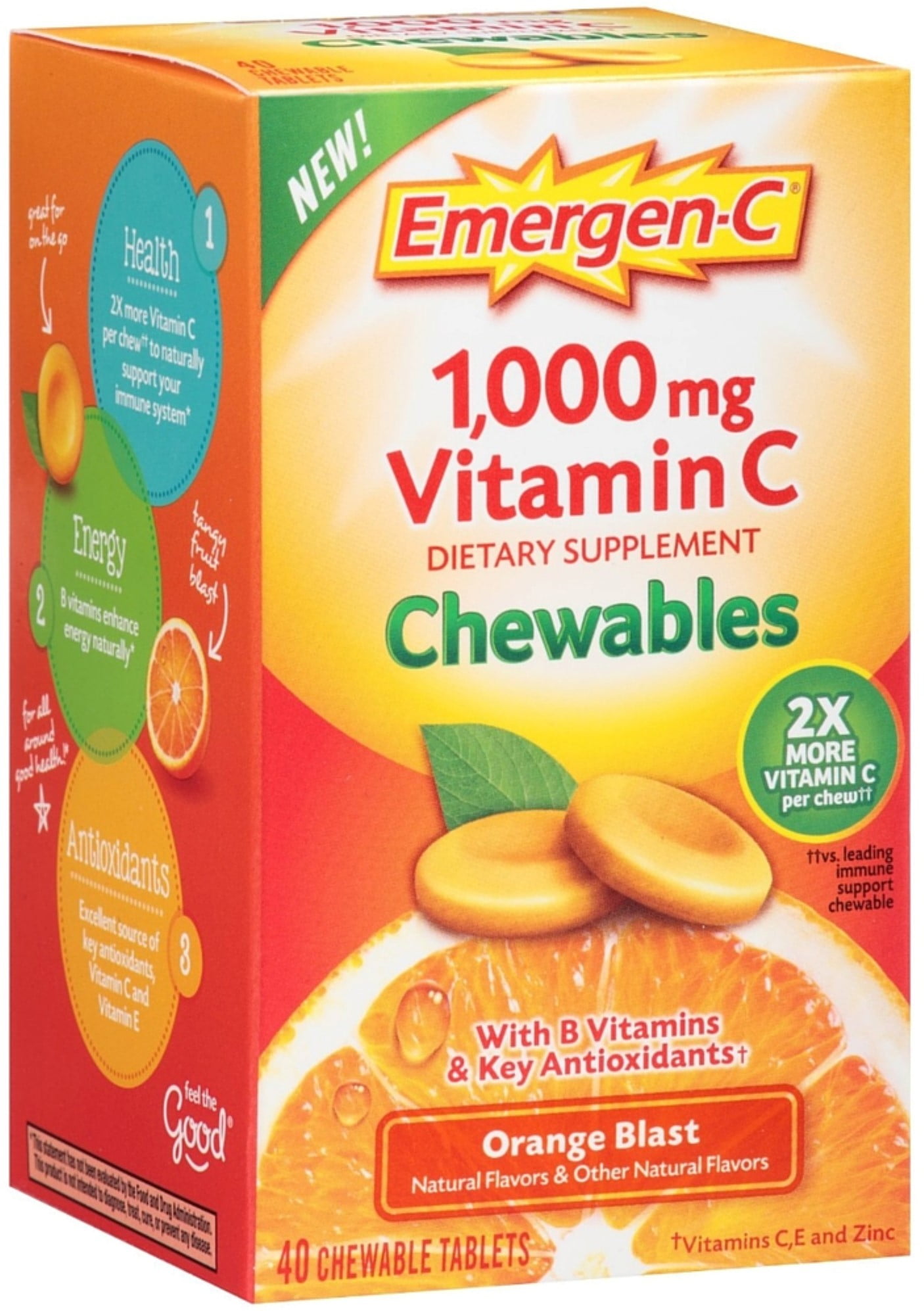 Emergen-C Immune Support Chewable Tablets, 1000mg Vitamin C, Orange ...