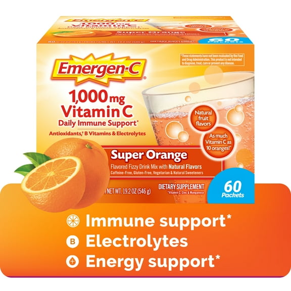 Emergen-C 1000Mg Vitamin C Powder for Immune Support Super Orange, 30 ...