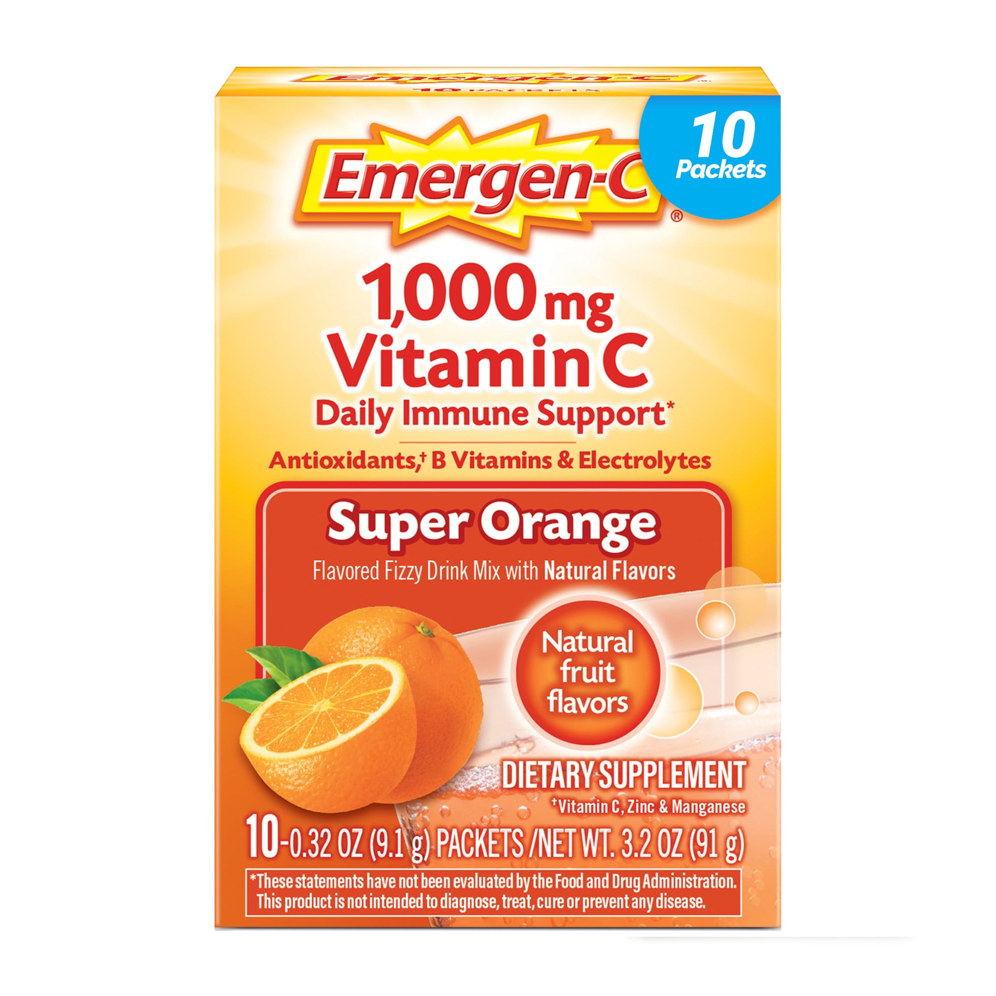 Emergen-C 1000Mg Vitamin C Powder for Immune Support Super Orange - 10 ...