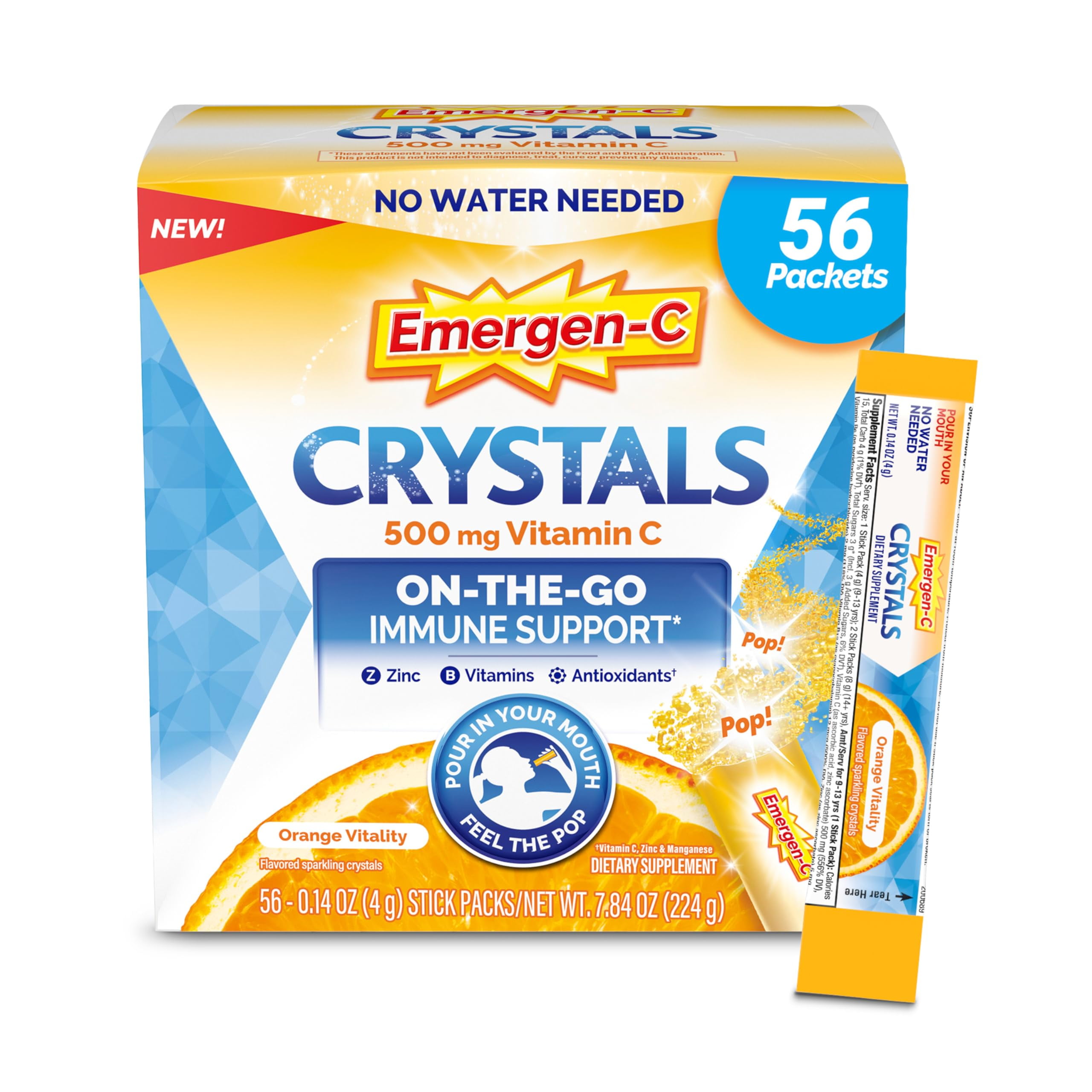 Emergen-C Crystals, On-The-Go Immune Support Supplement with Vitamin C, B Vitamins, Zinc and ...