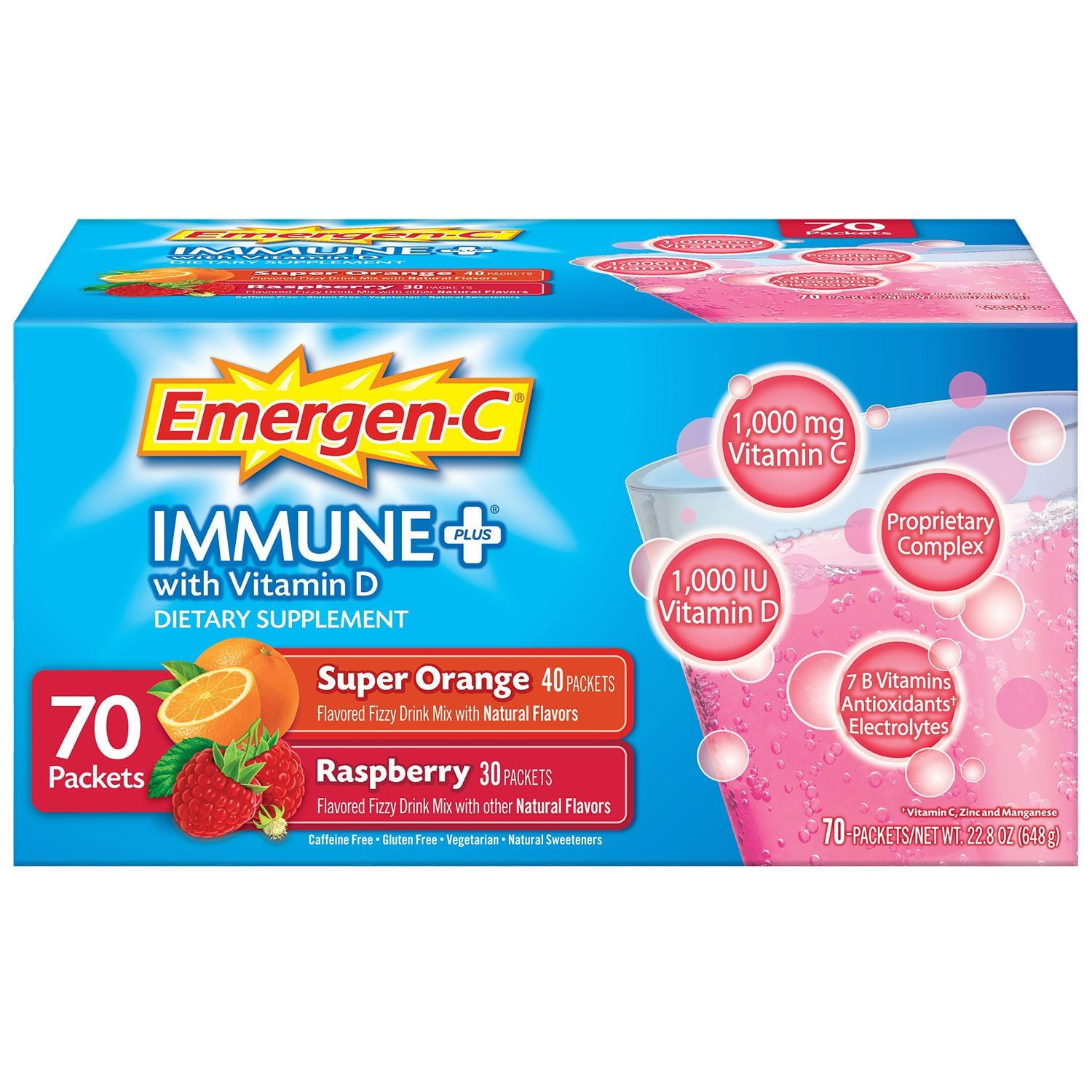 Emergen-C Immune Plus with Vitamin D, (40 Super Orange / 30 Raspberry ...