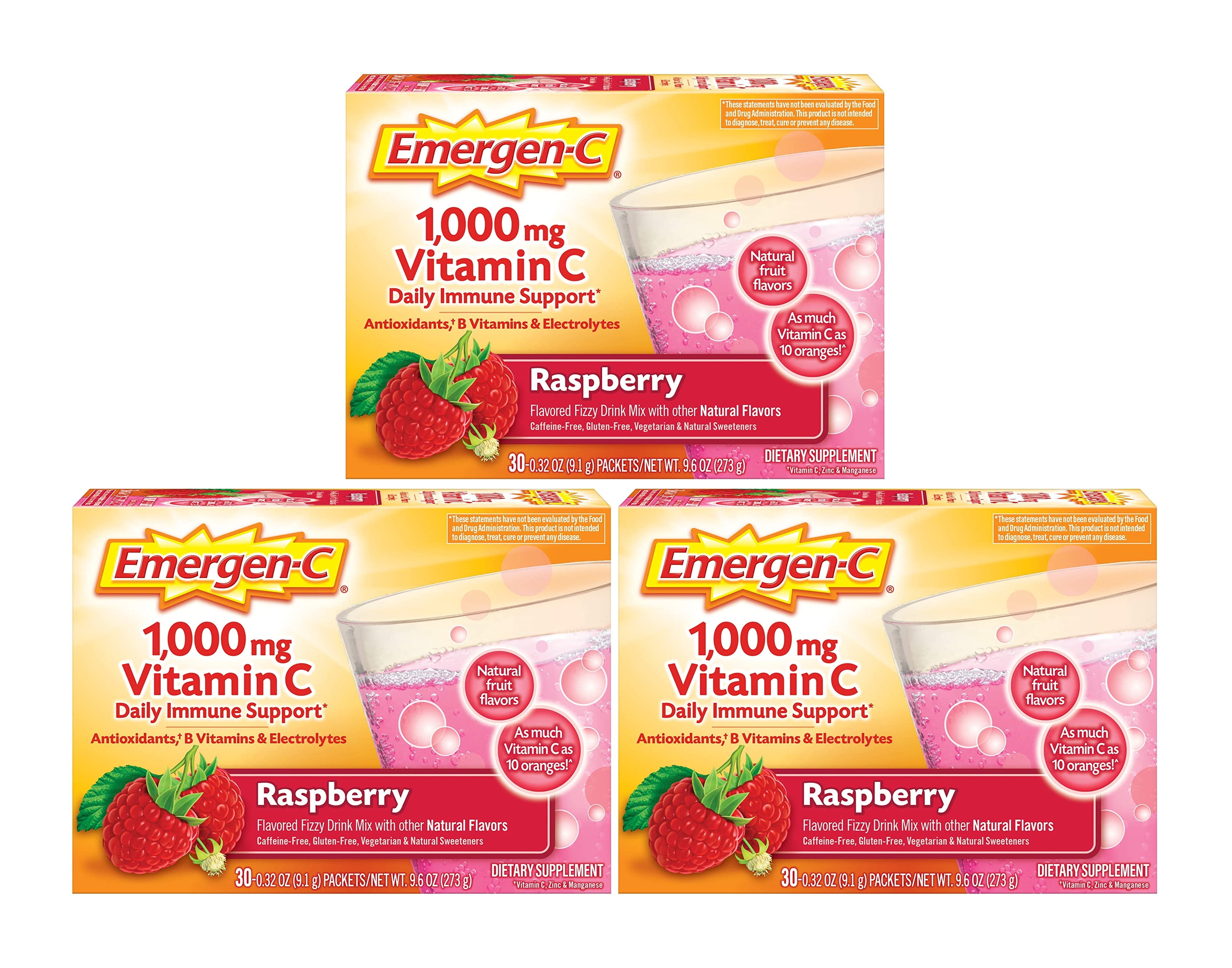 Emergen-C Vitamin C Drink Mix Packets Raspberry 30 Each (Pack of 3 ...