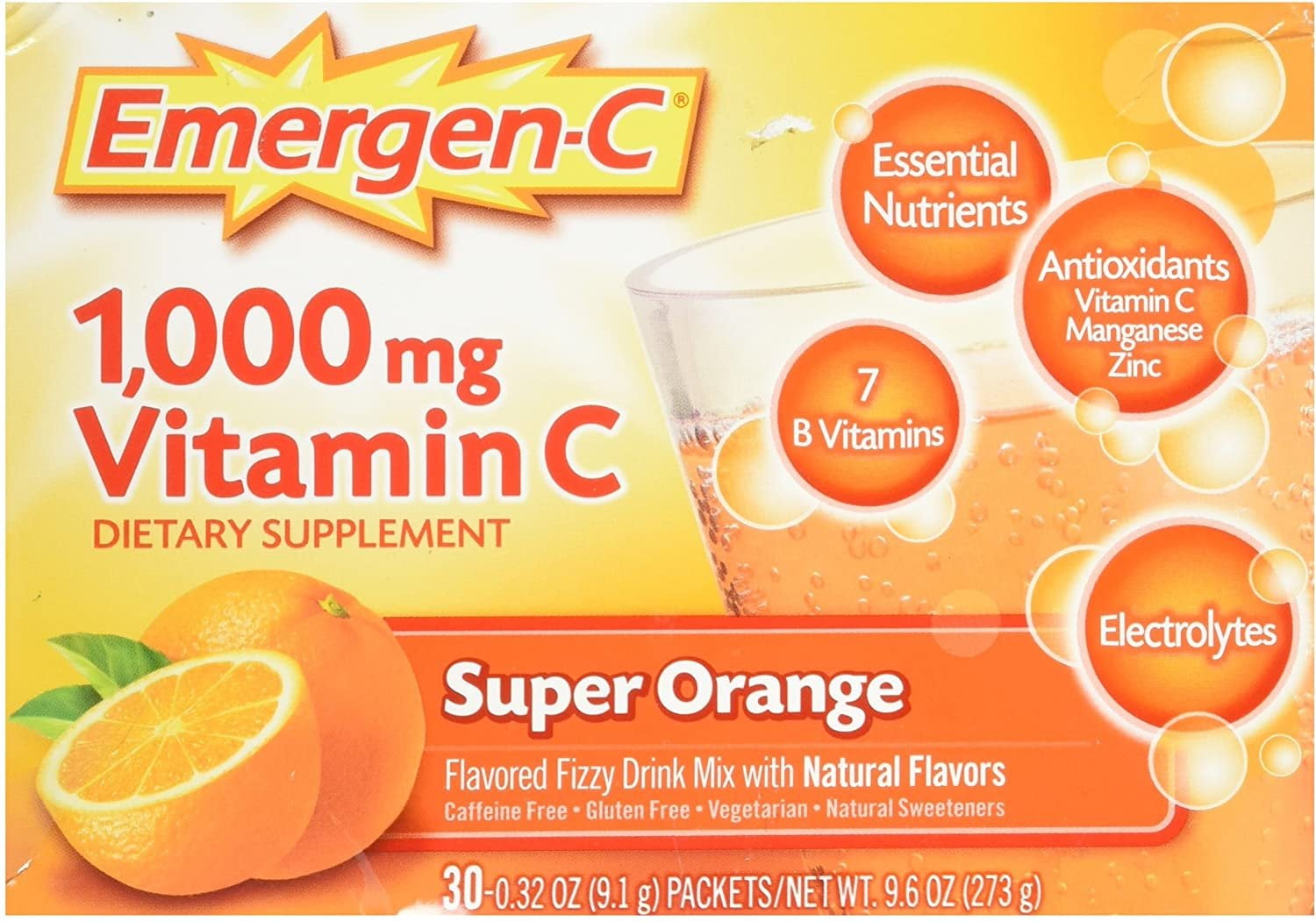 Emergen-C Vitamin C Fizzy Drink Mix Super Orange - 1000 mg - 30 Packets ...
