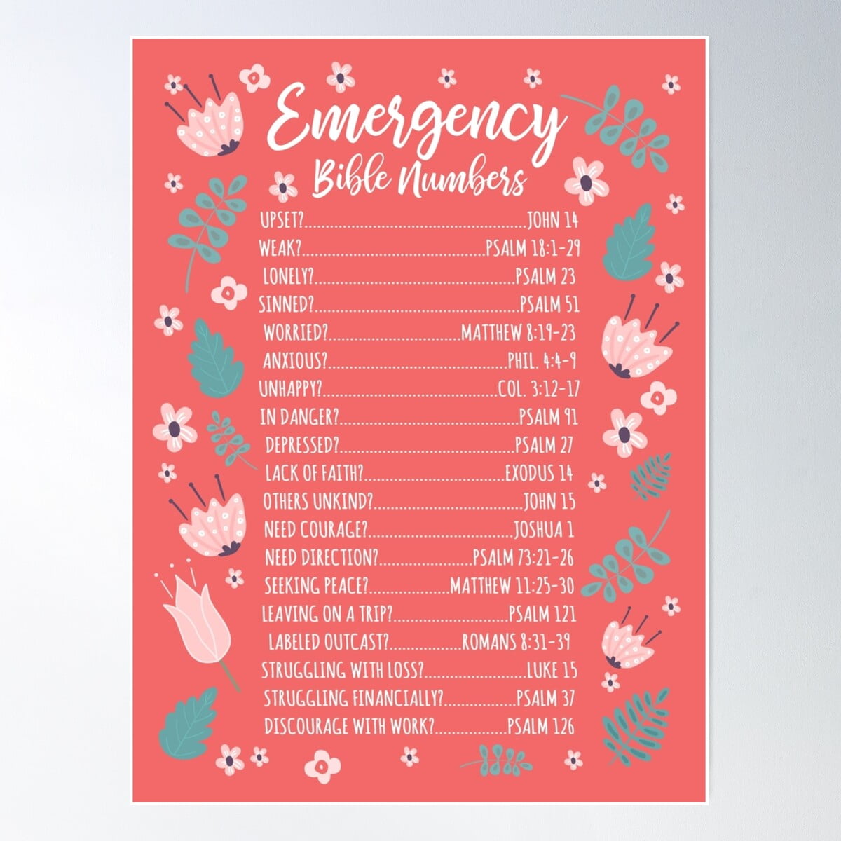 Emergency Bible Numbers (Floral) Poster Wall Art, Modern Wall Decor For ...