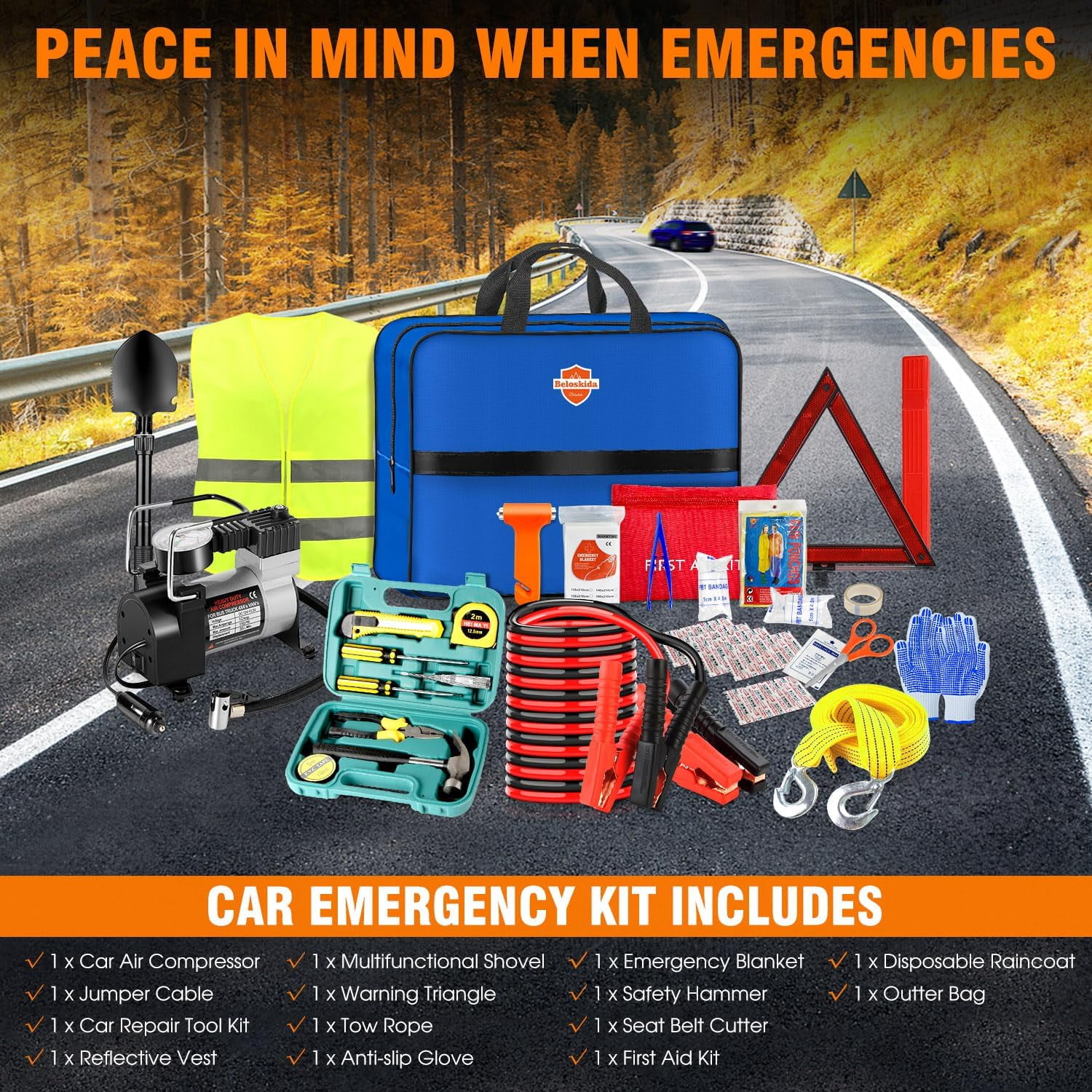 Emergency Car Kit,Roadside Emergency Tool Kit for Vehicle Truck with ...