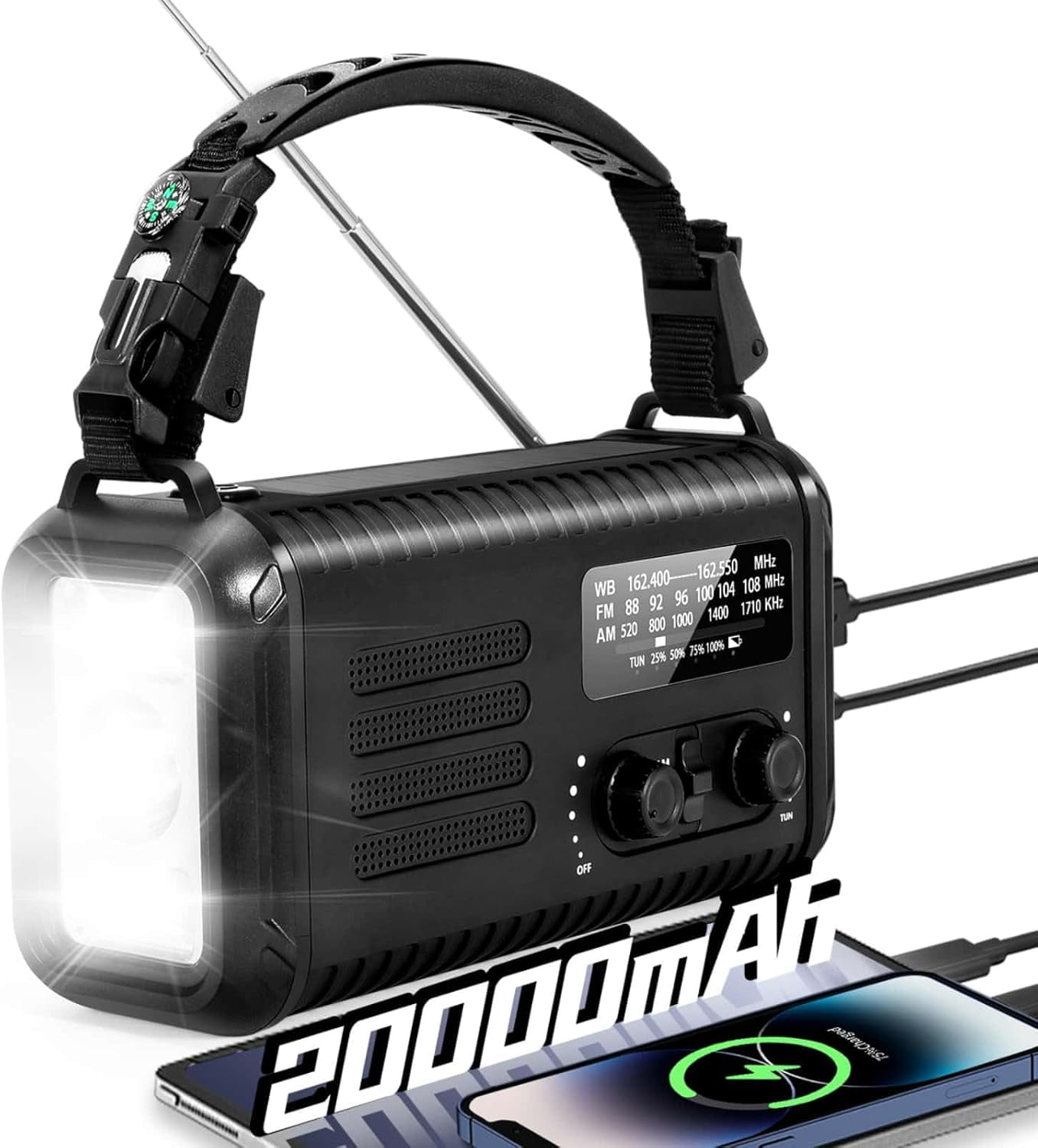Emergency Crank Radio, 20000mAh / 74000mWh Solar Hand Crank Weather ...