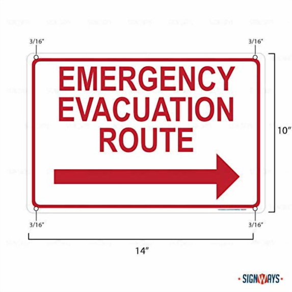 Emergency Evacuation Route (Arrow Right) Sign, Includes Holes ...