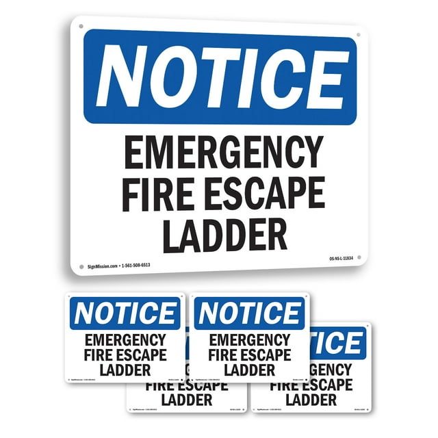 Emergency Fire Escape Ladder OSHA Notice Aluminum Sign 14 Inch x 10 ...
