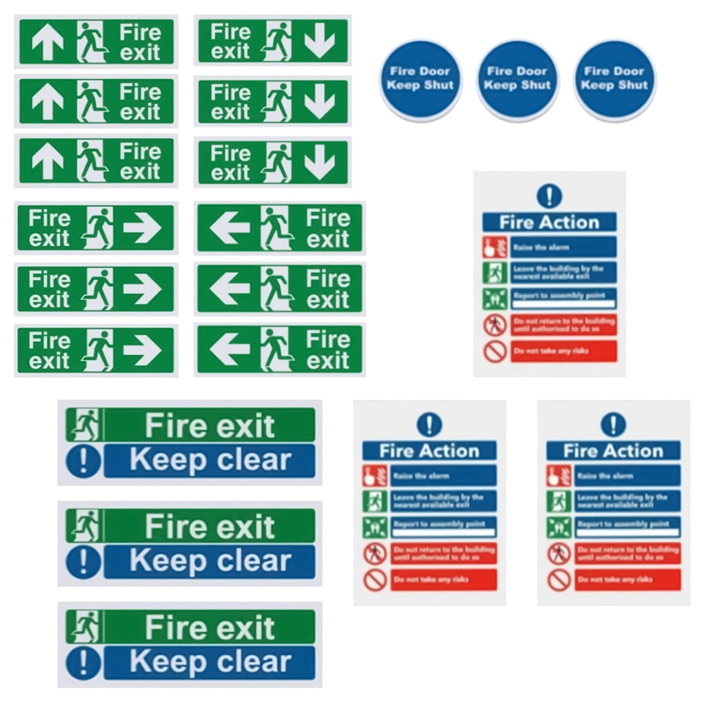 Fire Exits Signs RIGHT LEFT UP DOWN Keep Clear Fire Action Door Keep ...