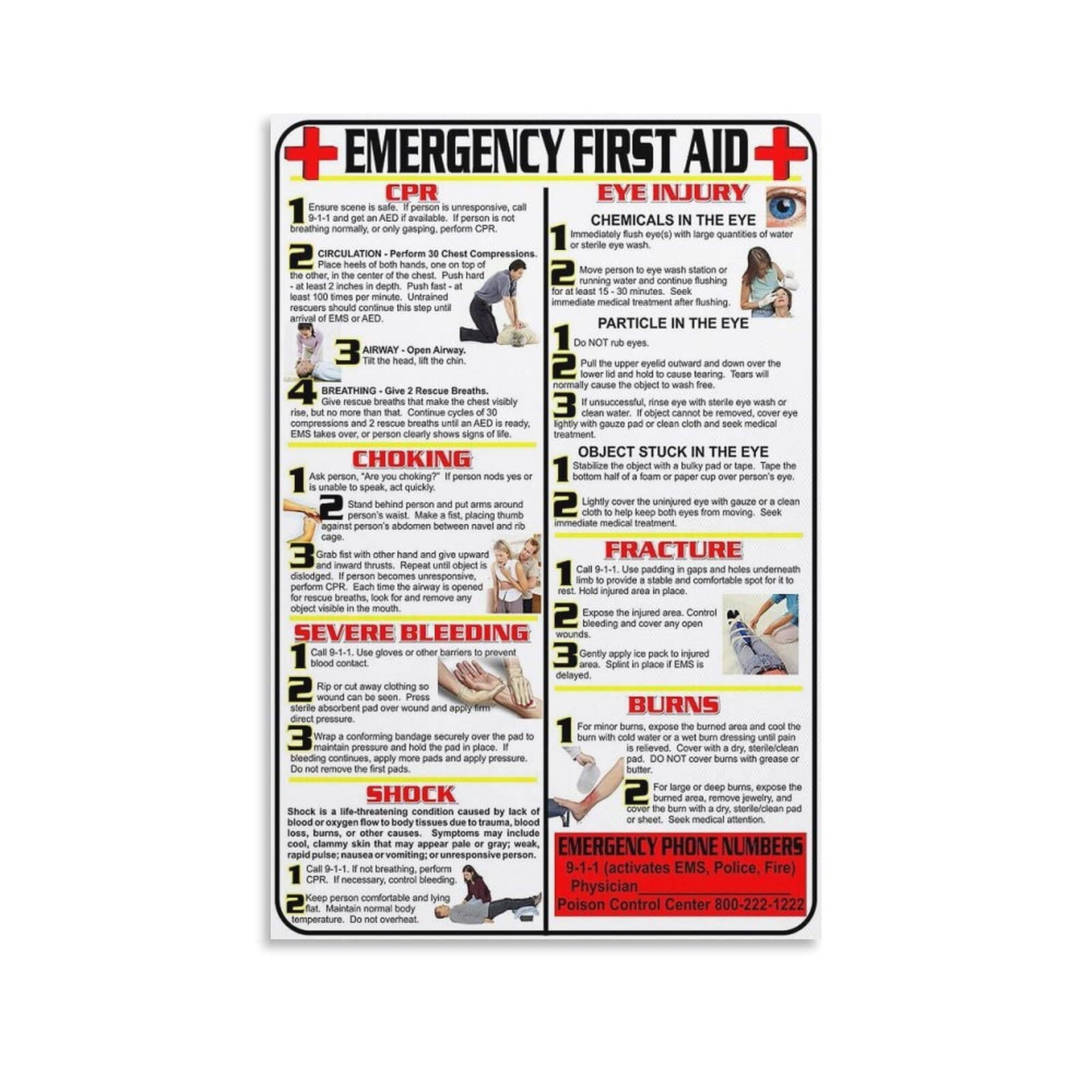 Emergency First Aid Chart Poster, Includes CPR, Shock, Eye Injury, Fracture, Burns, Severe ...