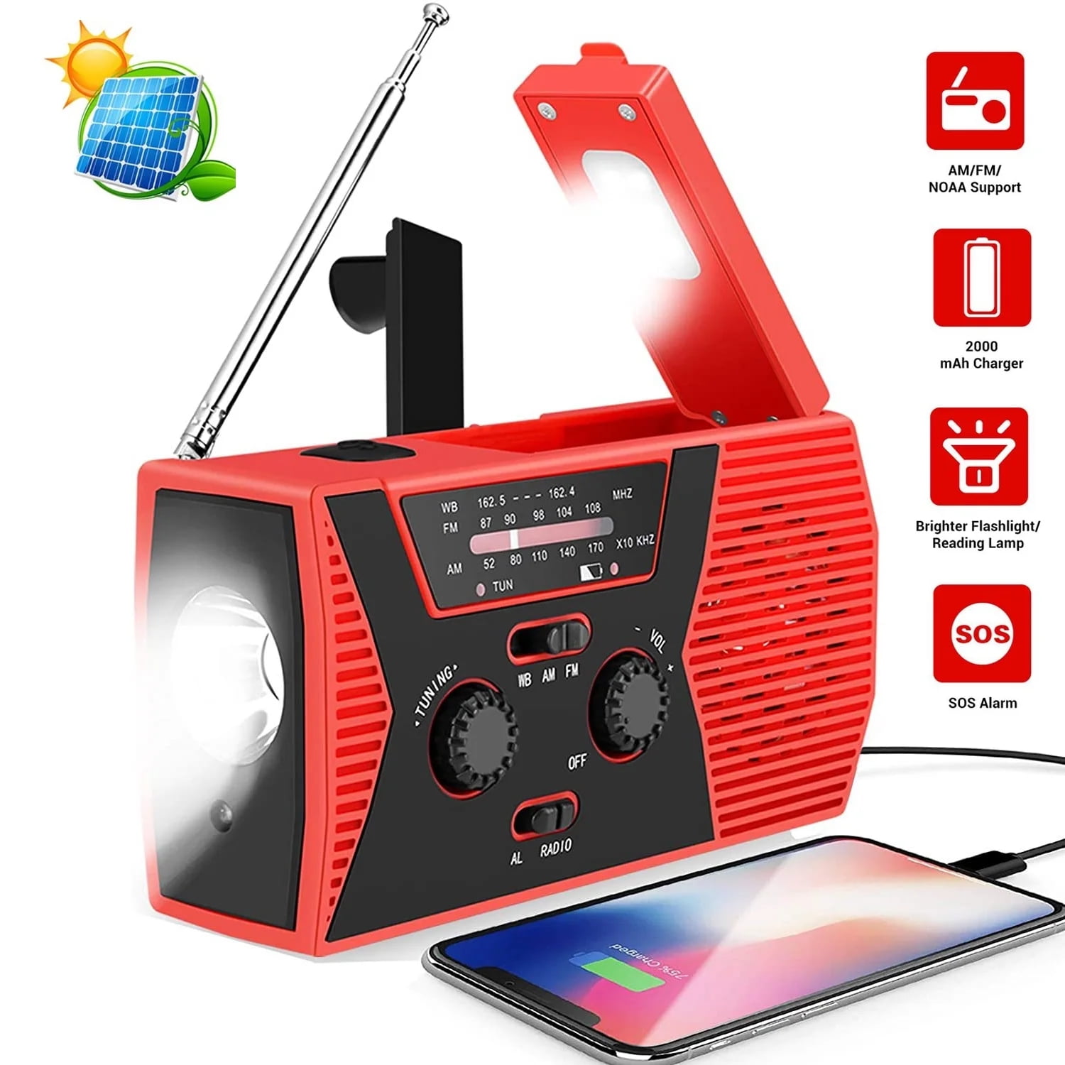 Emergency Radio, 5000mAh/18500mWh Weather Radio, Solar Hand Crank Radio ...