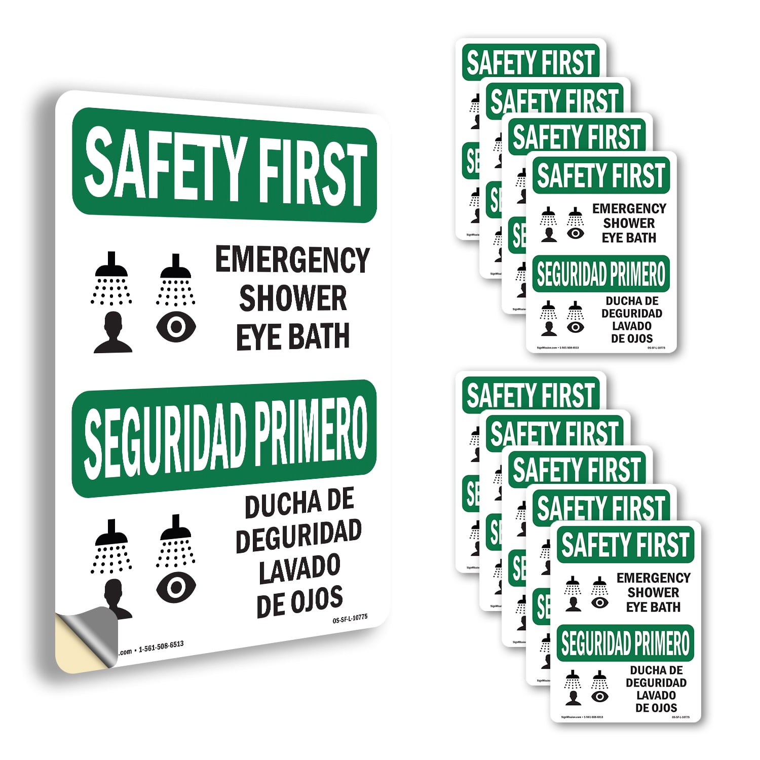Emergency Shower Eye Bath Bilingual OSHA SAFETY FIRST Vinyl Decal Label ...