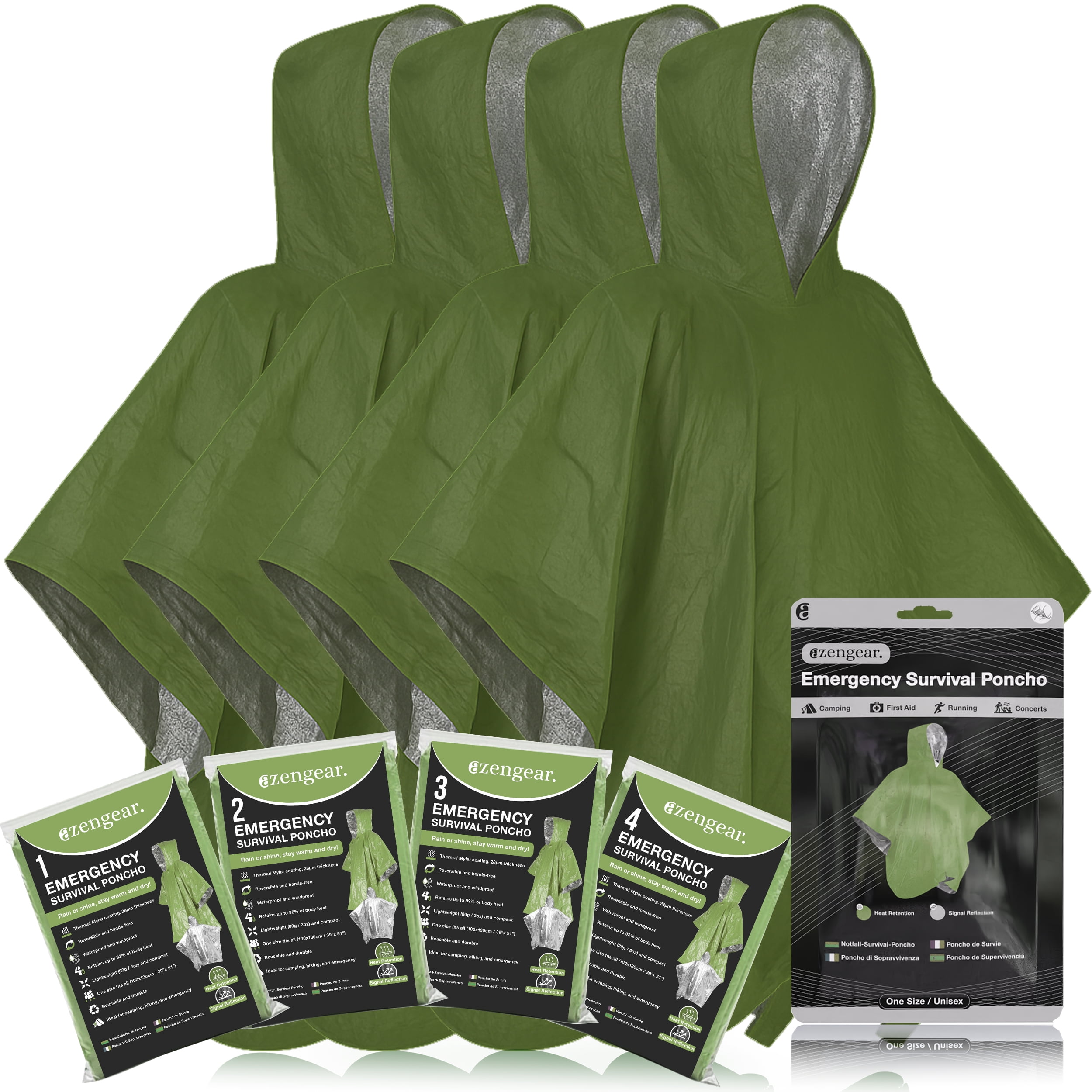 Emergency Survival Poncho (4pc) Thermal Mylar Foil Blanket for Heat ...