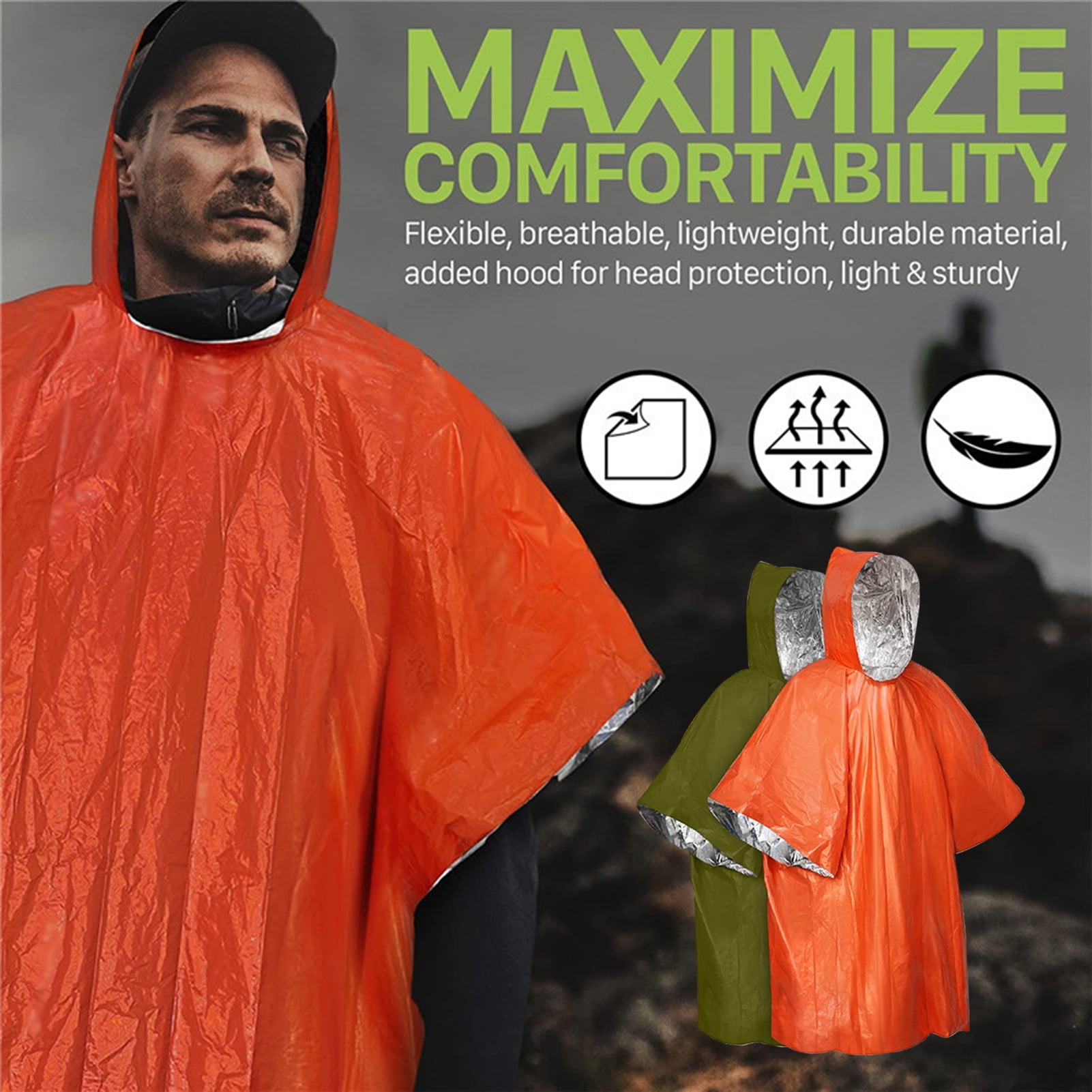 Emergency Survival Raincoat Reversible Reusable Weather Resistant Heat ...