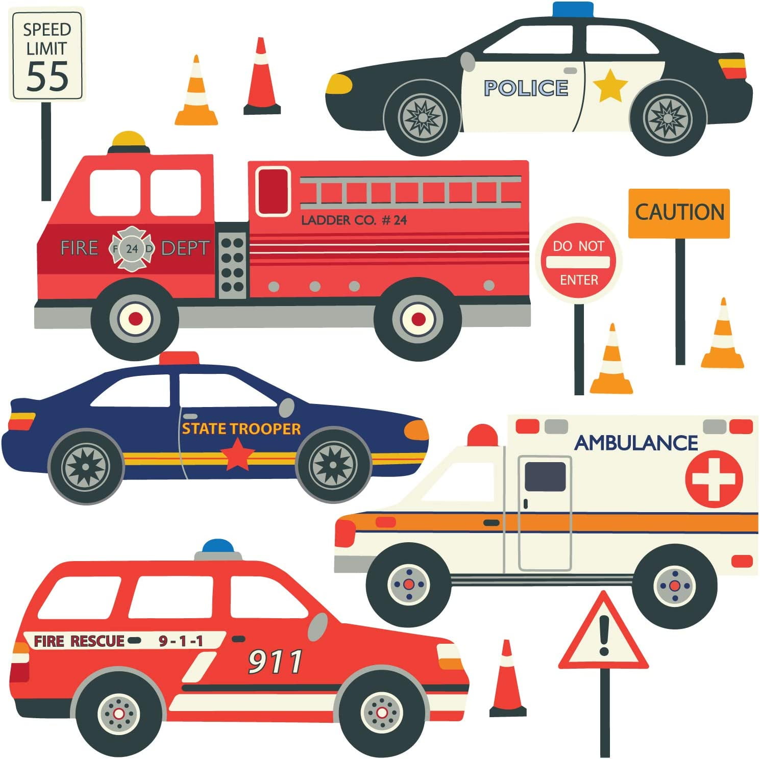 Emergency Vehicles Wall Decals Fire Trucks, Ambulance, Police Cars Wall ...