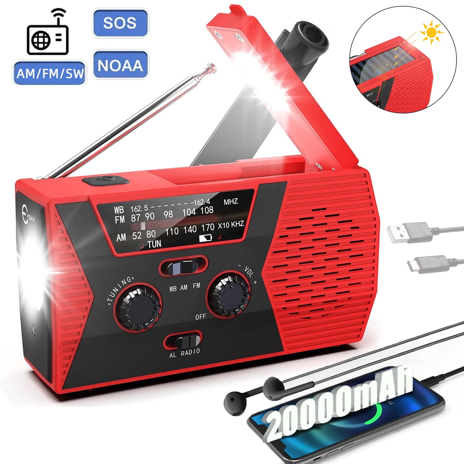 Anpro Emergency Weather Radio, Solar Hand Crank, 2000mAh Battery, LED ...