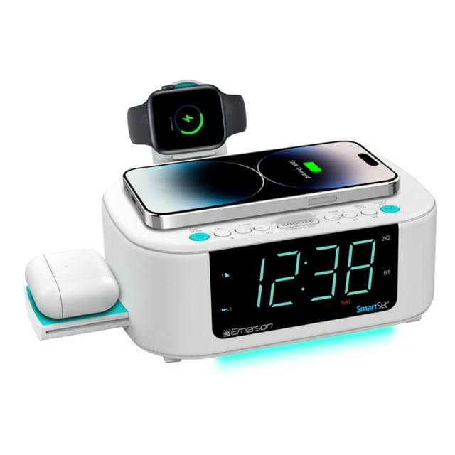 Emerson SmartSet Multiple Wireless Charging, Dual Alarm FM Clock Radio ...