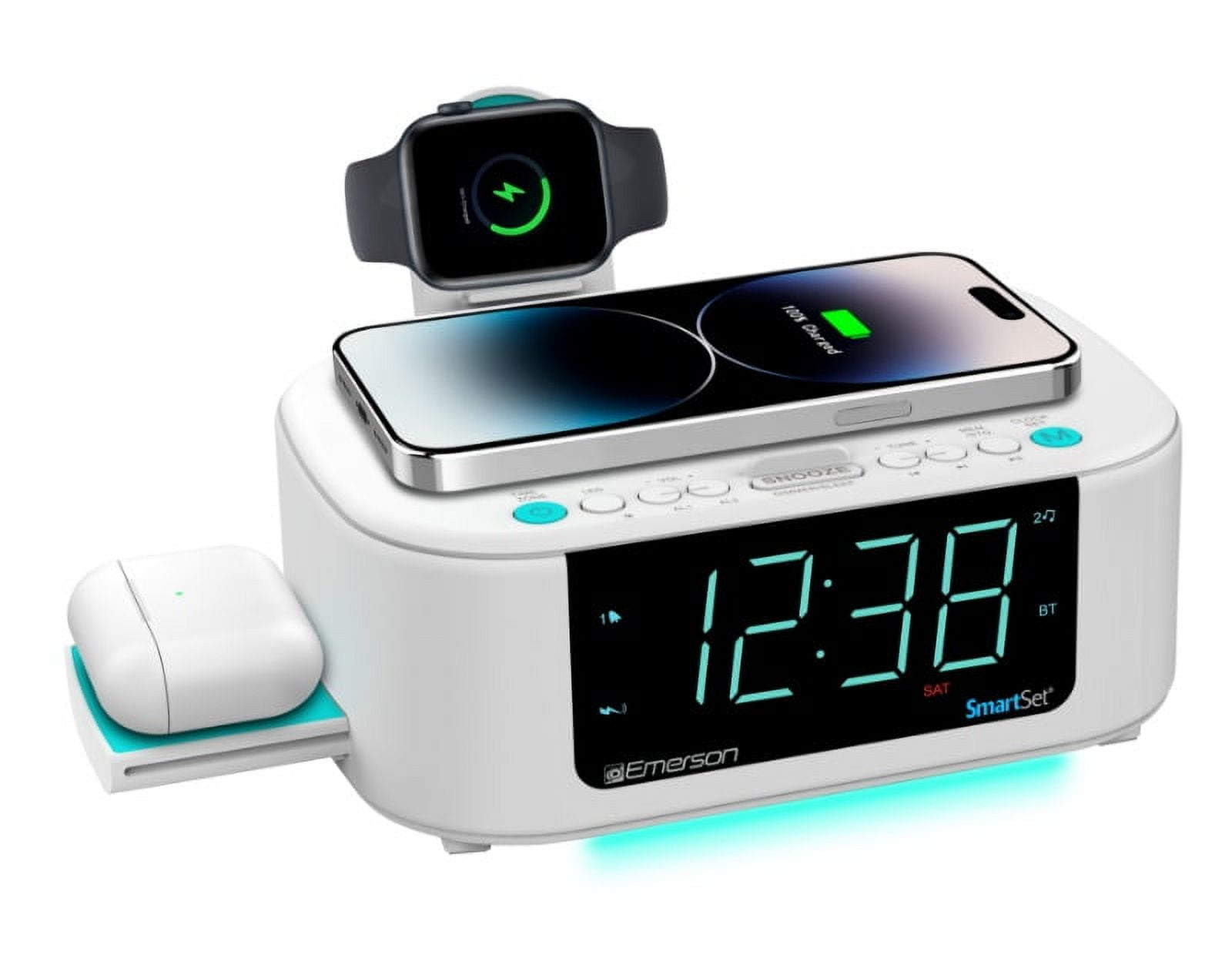 Emerson SmartSet Multiple Wireless Charging, Dual Alarm FM Clock Radio ...