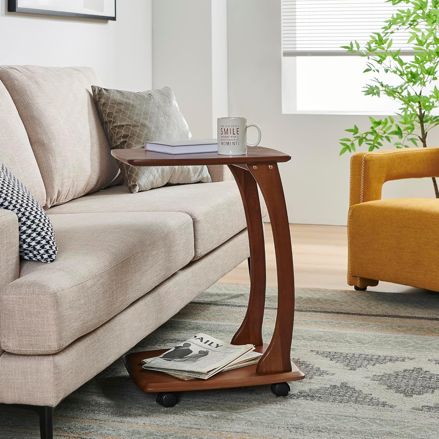 Emerson Solid Wood End Table with Rolling Wheels, C Shaped Side Table ...