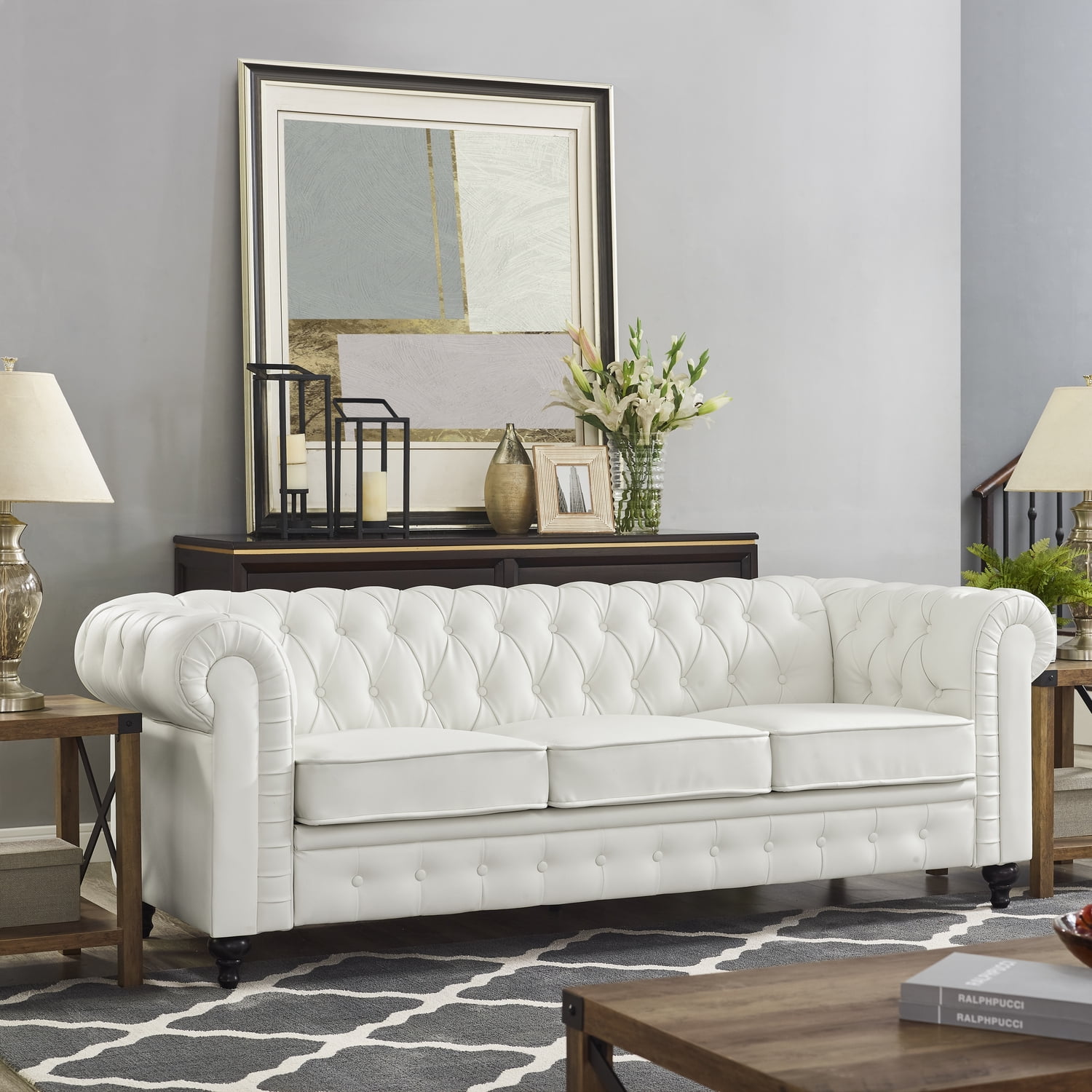 Emery 3 Seater Chesterfield Sofa-Color:White,Fabric Material:PU ...